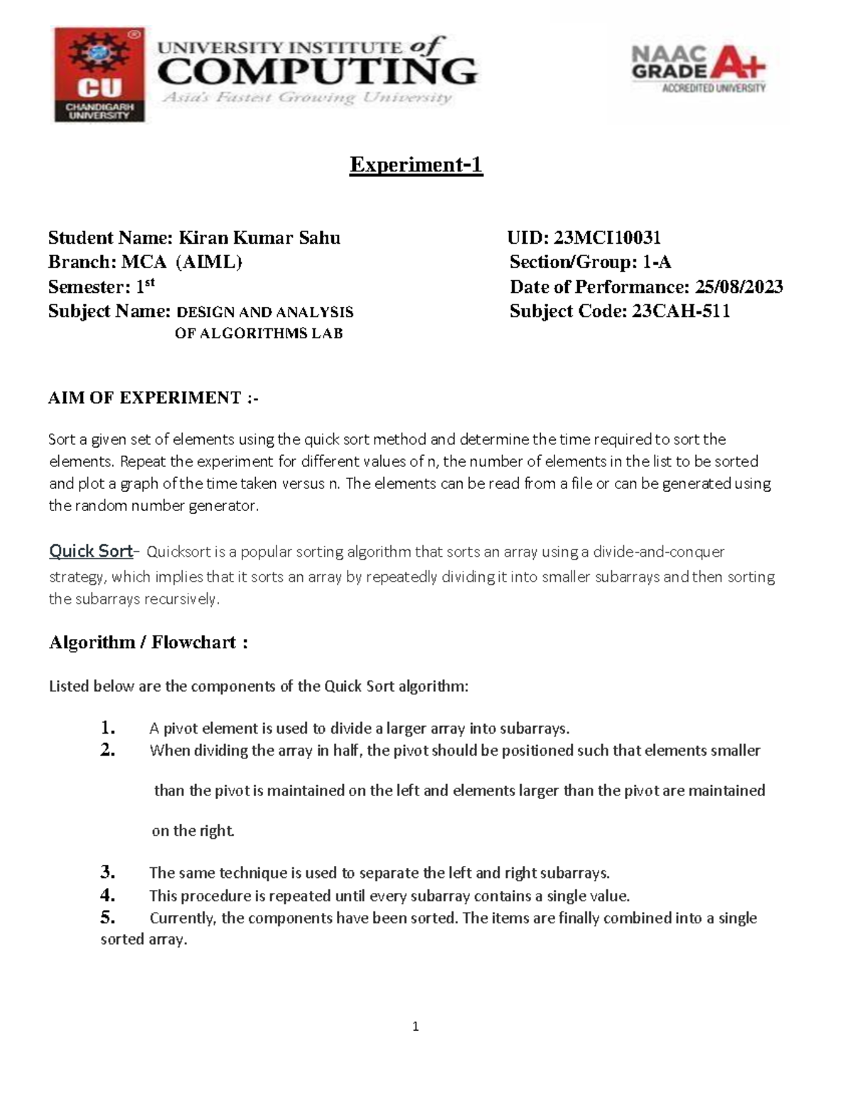 23MCI10031 Kiran Kumar Sahu daa.exp 1 quick sort - 1 Experiment- 1 Student Name: Kiran Kumar ...