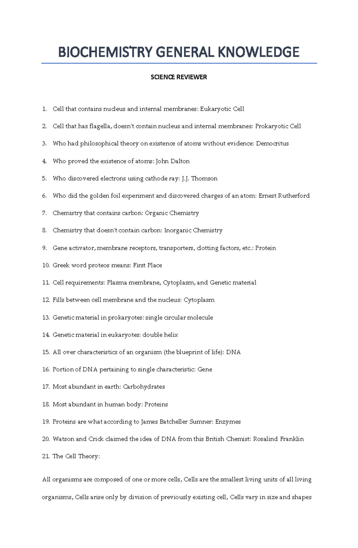 Biochemistry General Knowledge Reviewer - BIOCHEMISTRY GENERAL ...