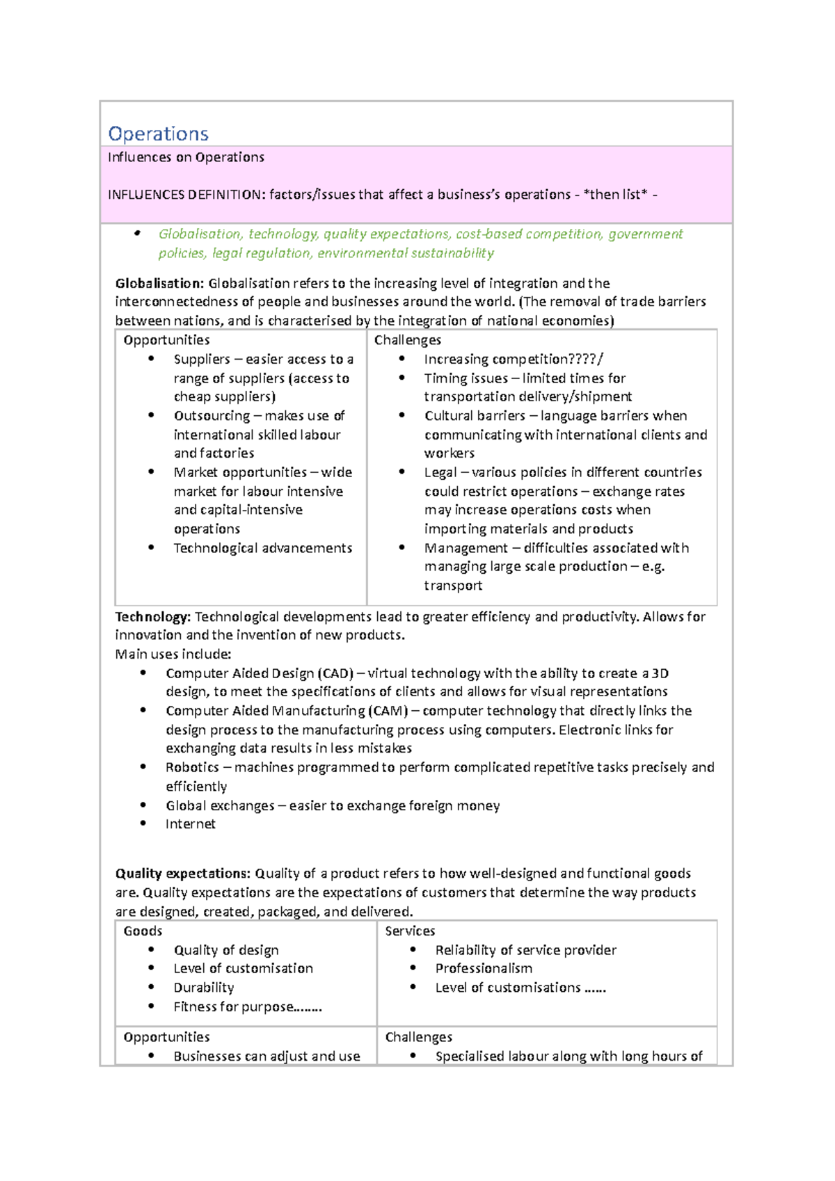 Quick notes on Operations and Marketing - Operations Influences on ...
