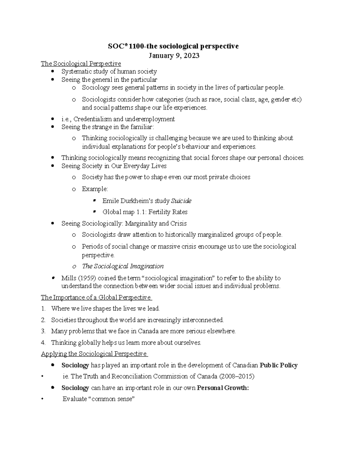 SOC*1100 - notes - SOC*1100-the sociological perspective January 9 ...