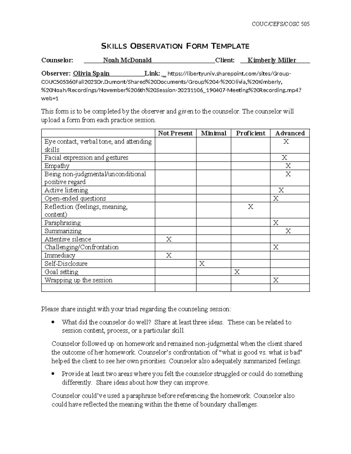 Noah - Nov. 6 Observation Form - COUC/CEFS/COSC 505 SKILLS OBSERVATION ...