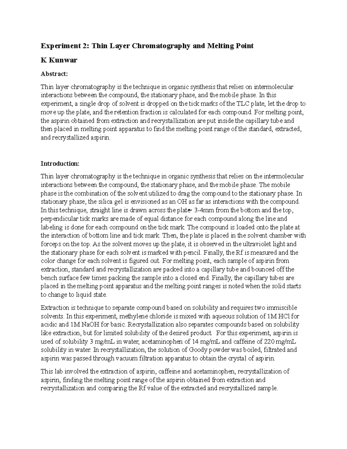 Chemistry Lab Report 2 - Experiment 2: Thin Layer Chromatography and ...