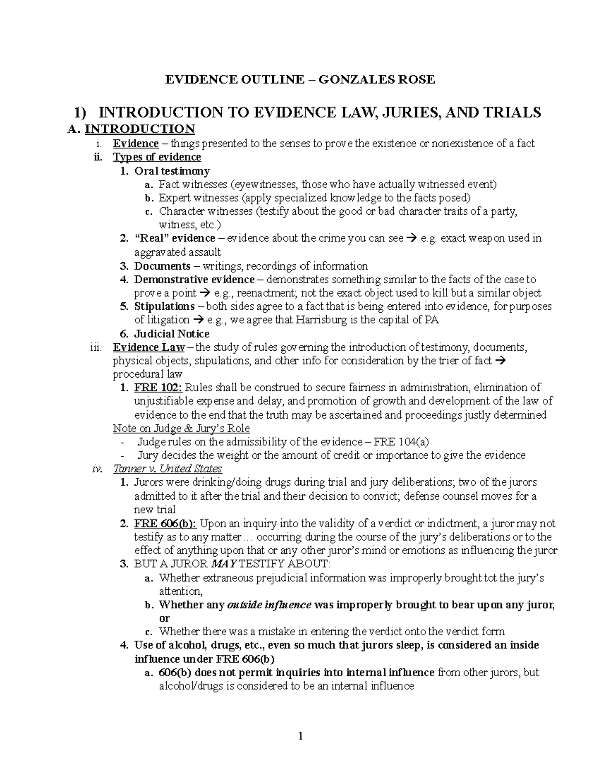 Evidence Outline 2 - EVIDENCE OUTLINE GONZALES ROSE 1) INTRODUCTION TO ...