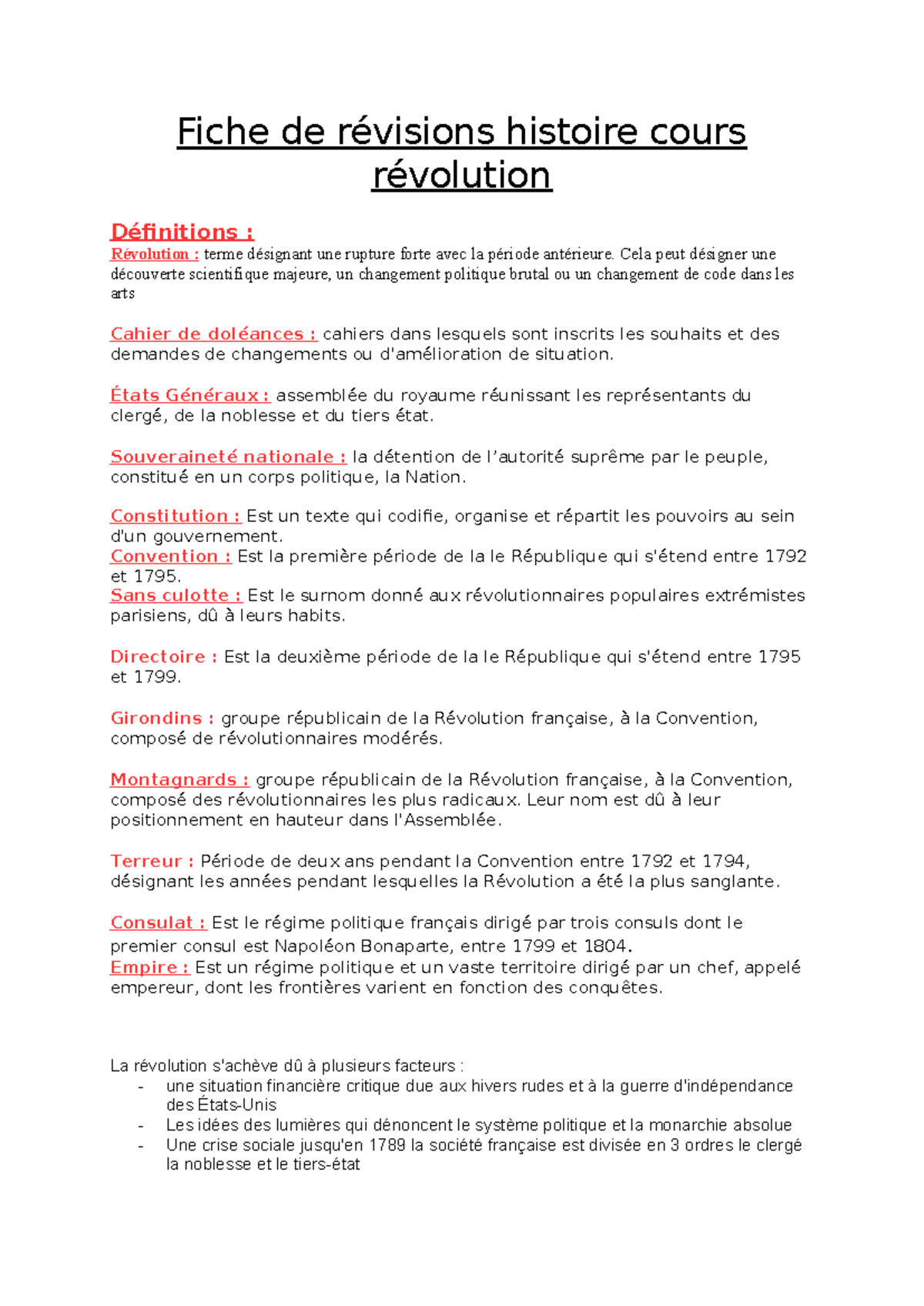 Fiche de révisions histoire cours révolution - Fiche de révisions ...