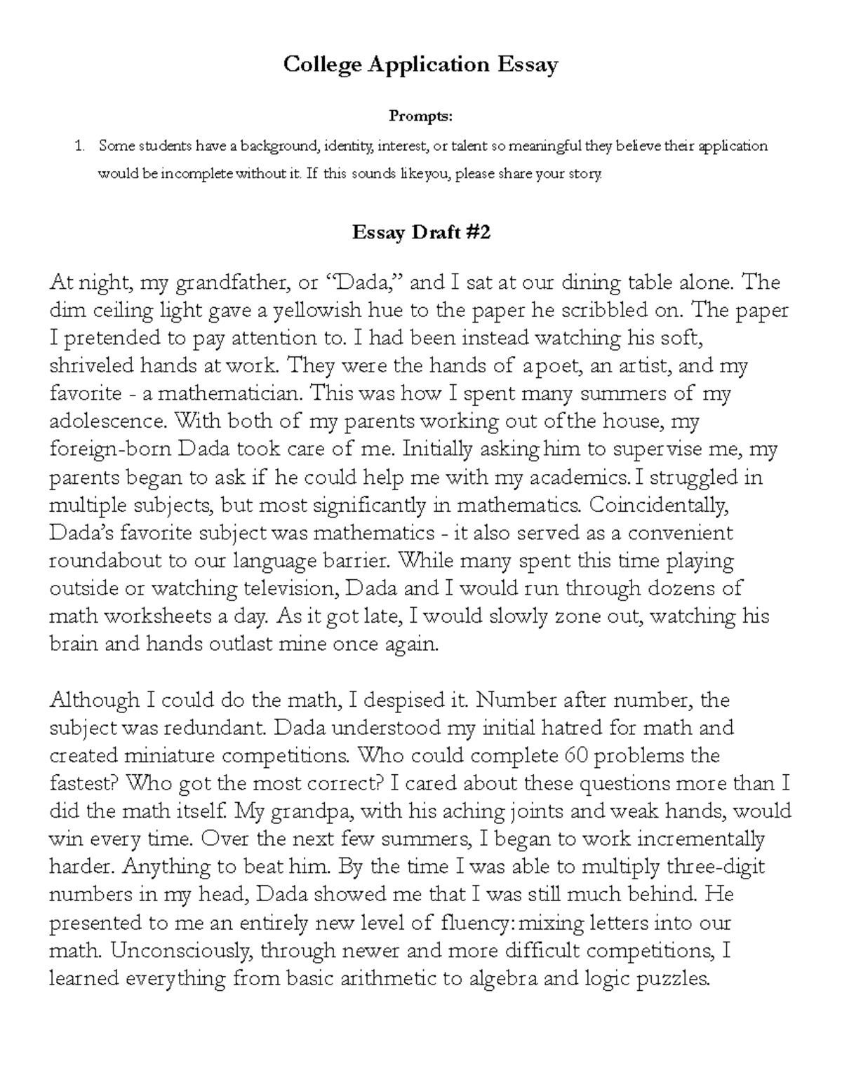 College Essay- Math - $PMMFHF "QQMJDBUJPO &TTBZ 1SPNQUT 4PNF TUVEFOUT ...