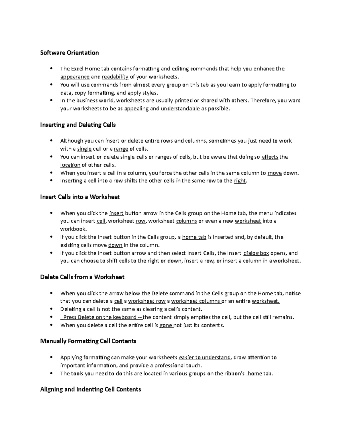 Student Notes ALL - Software Orientation The Excel Home tab contains ...