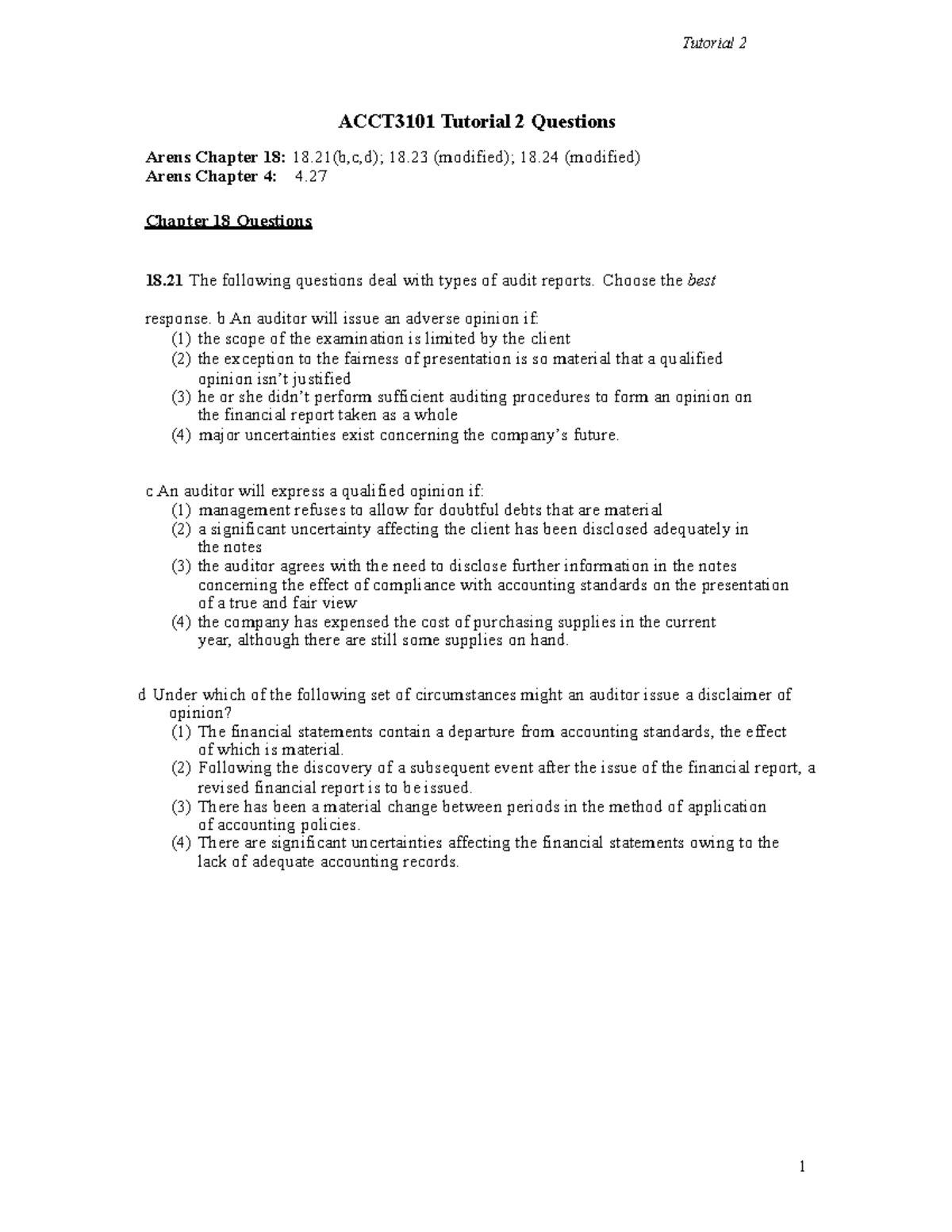 2021 ACCT3101 T2 Question - Tutorial 2 Questions 1 ACCT3101 Tutorial 2 ...