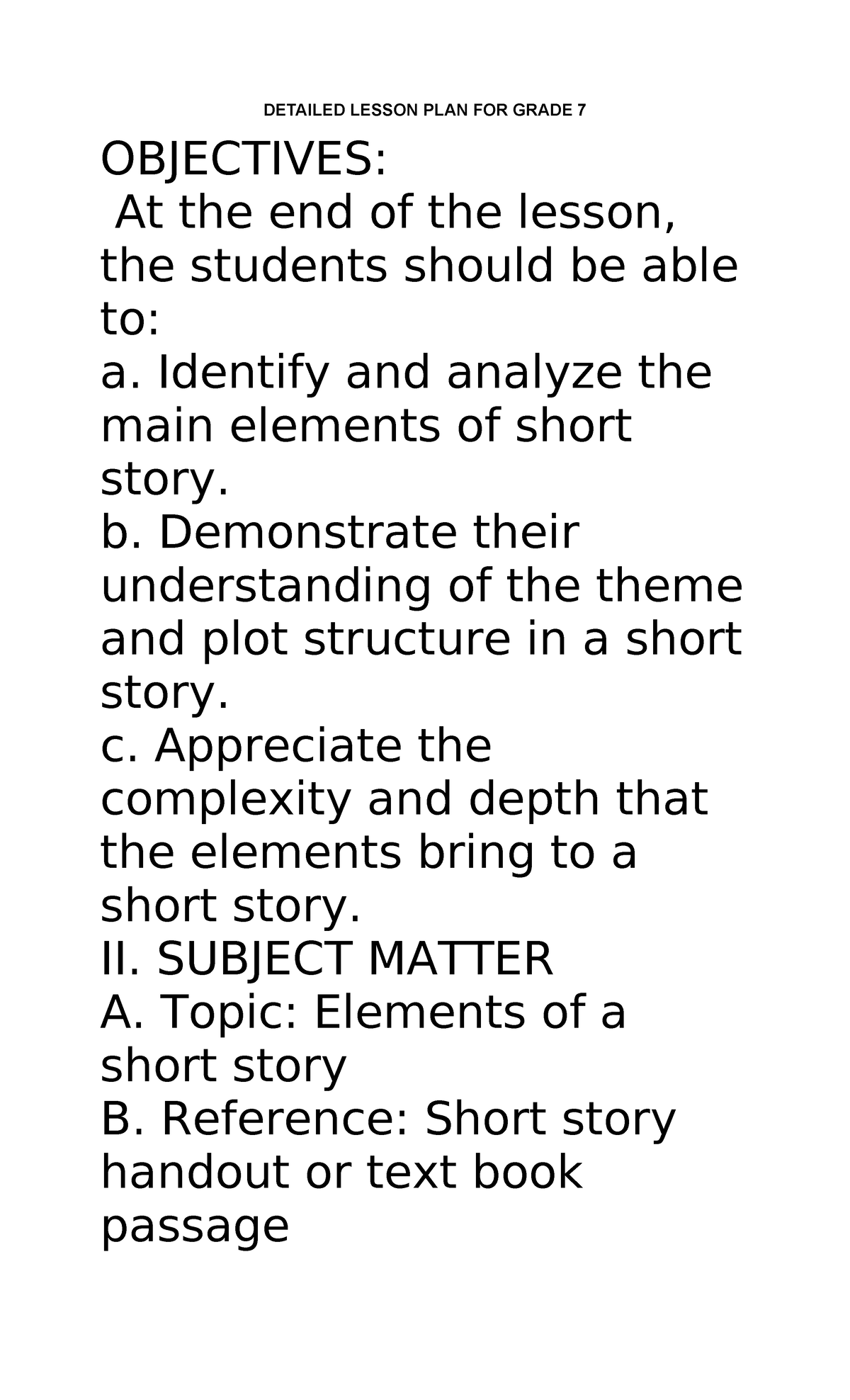 Detailed Lesson PLAN FOR Grade 7 - DETAILED LESSON PLAN FOR GRADE 7 ...