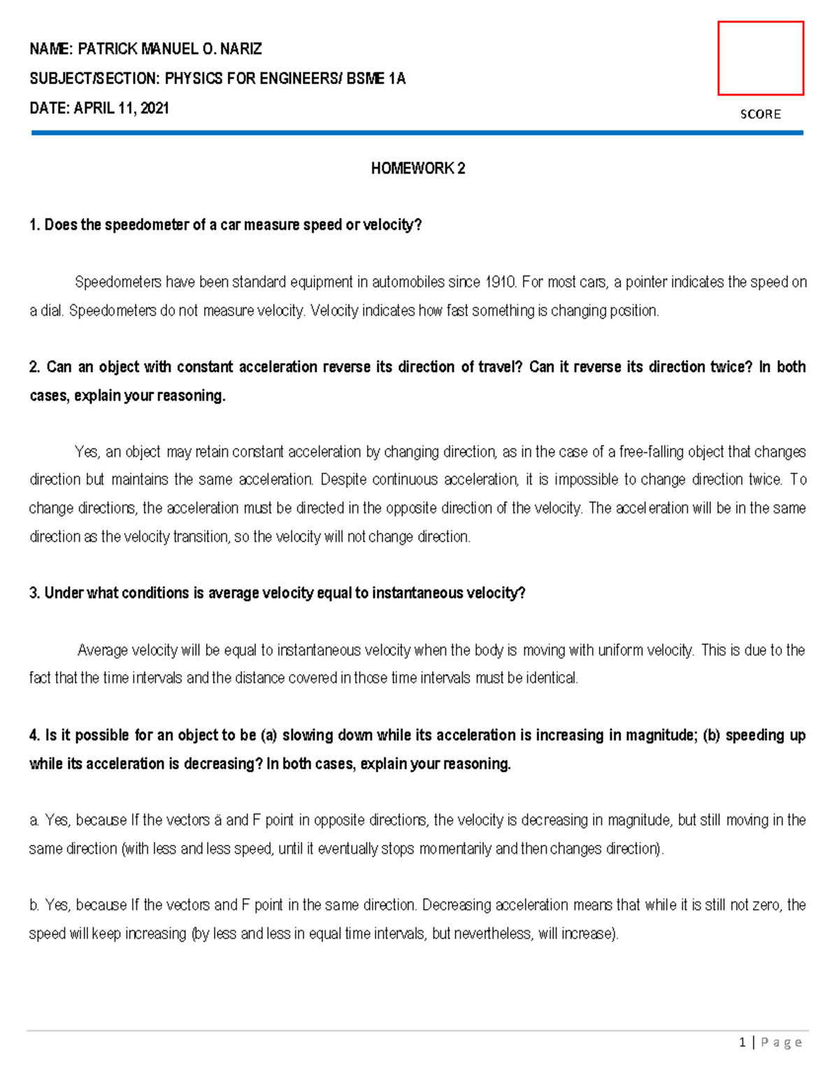 PHY1ME1A Homework 2 Nariz Patrick Manuel - Mechanical Engineering Project Study - PangSU - Studocu