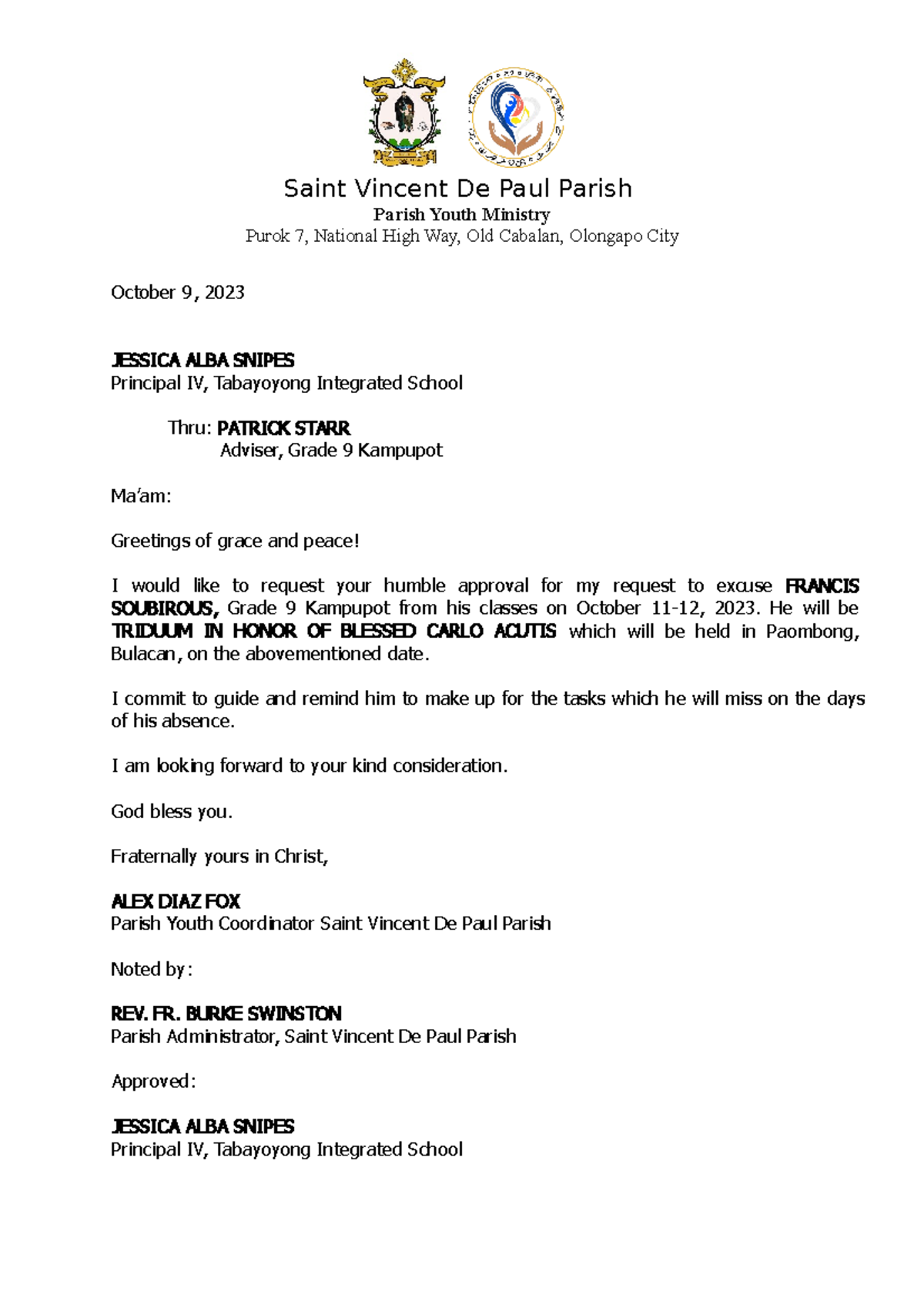 Excuseletter - DSDDFSVFRT - Saint Vincent De Paul Parish Parish Youth ...