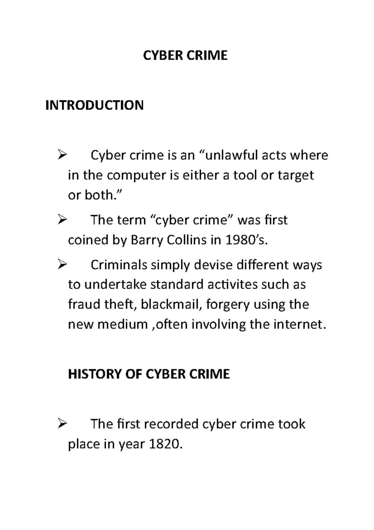 Cyber security_note - CYBER CRIME INTRODUCTION Cyber crime is an ...