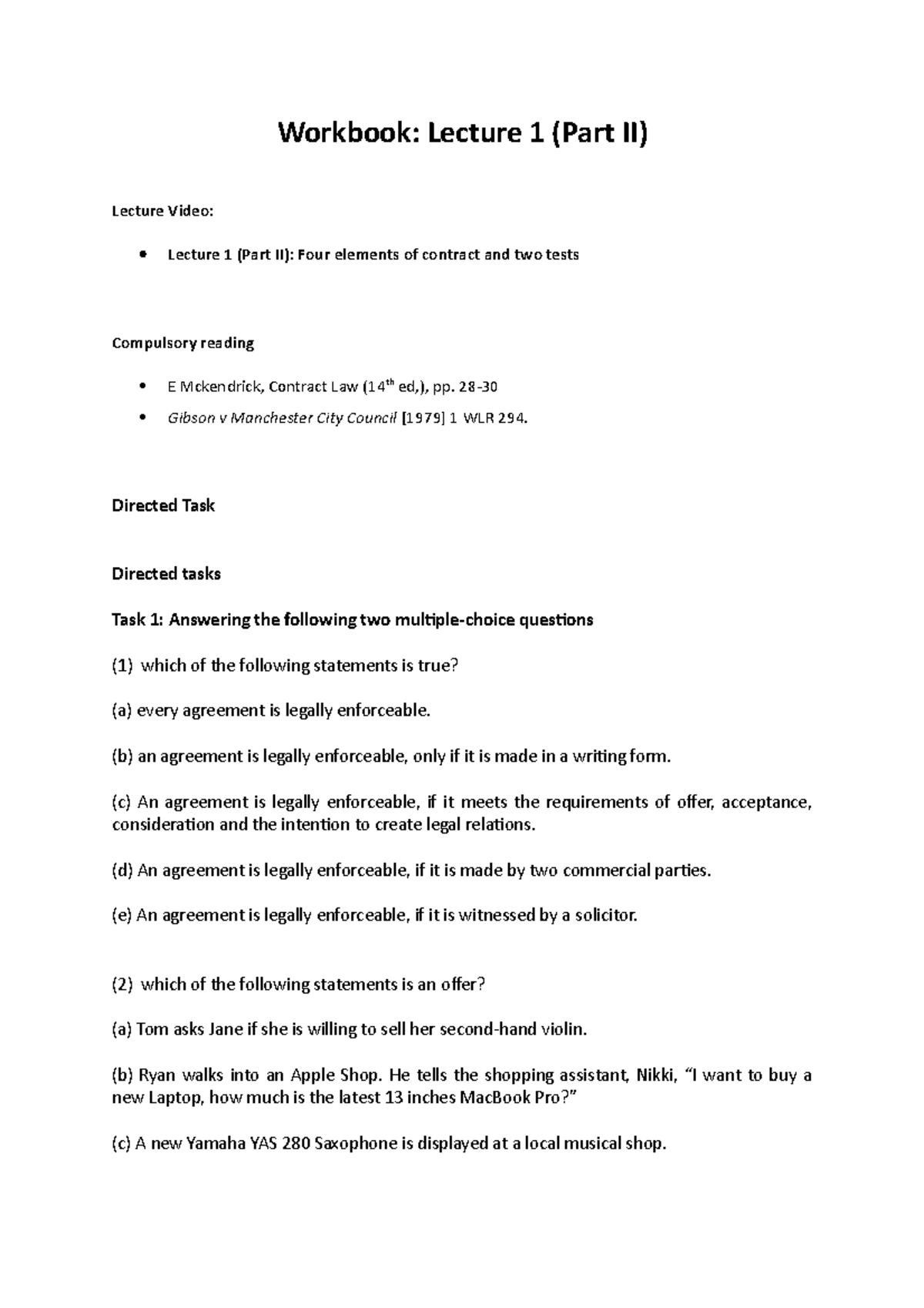 Workbook L1(Part II) - Workbook: Lecture 1 (Part II) Lecture Video: Lecture 1 (Part II): Four ...