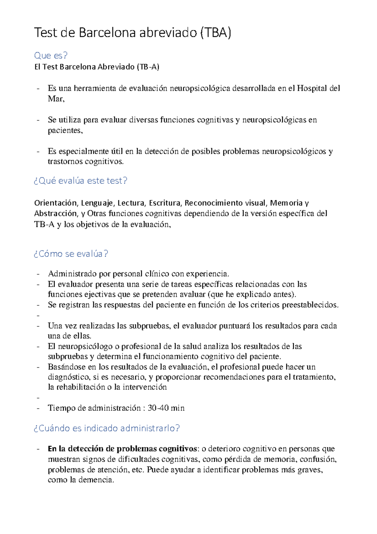 Esquema presentació - Test de Barcelona abreviado (TBA) Que es? El Test ...