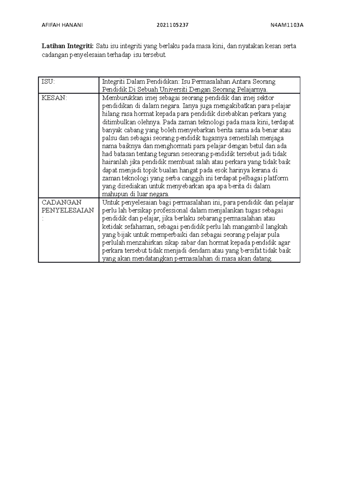 Latihan Integriti WEEK 11 - AFIFAH HANANI2021105237N4AM1103A Latihan ...