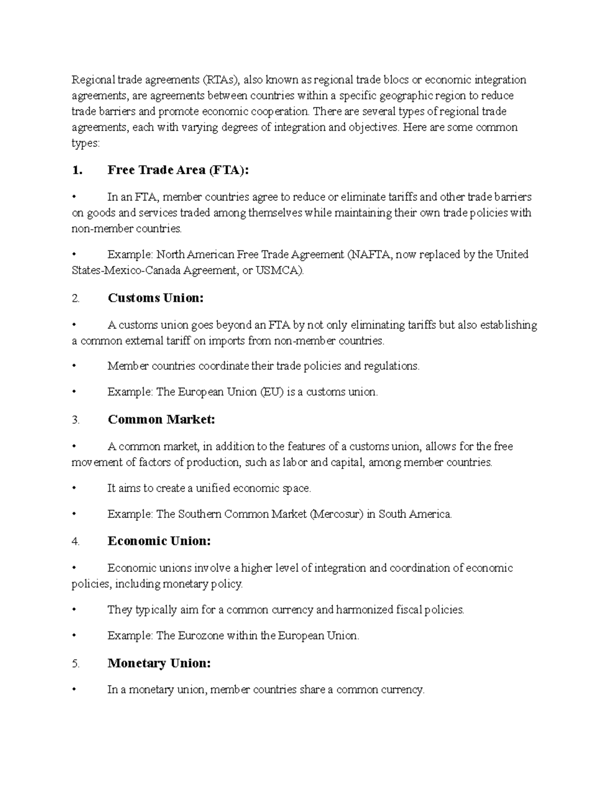 Types of Regional trade agreements(shivi) - Regional trade agreements ...