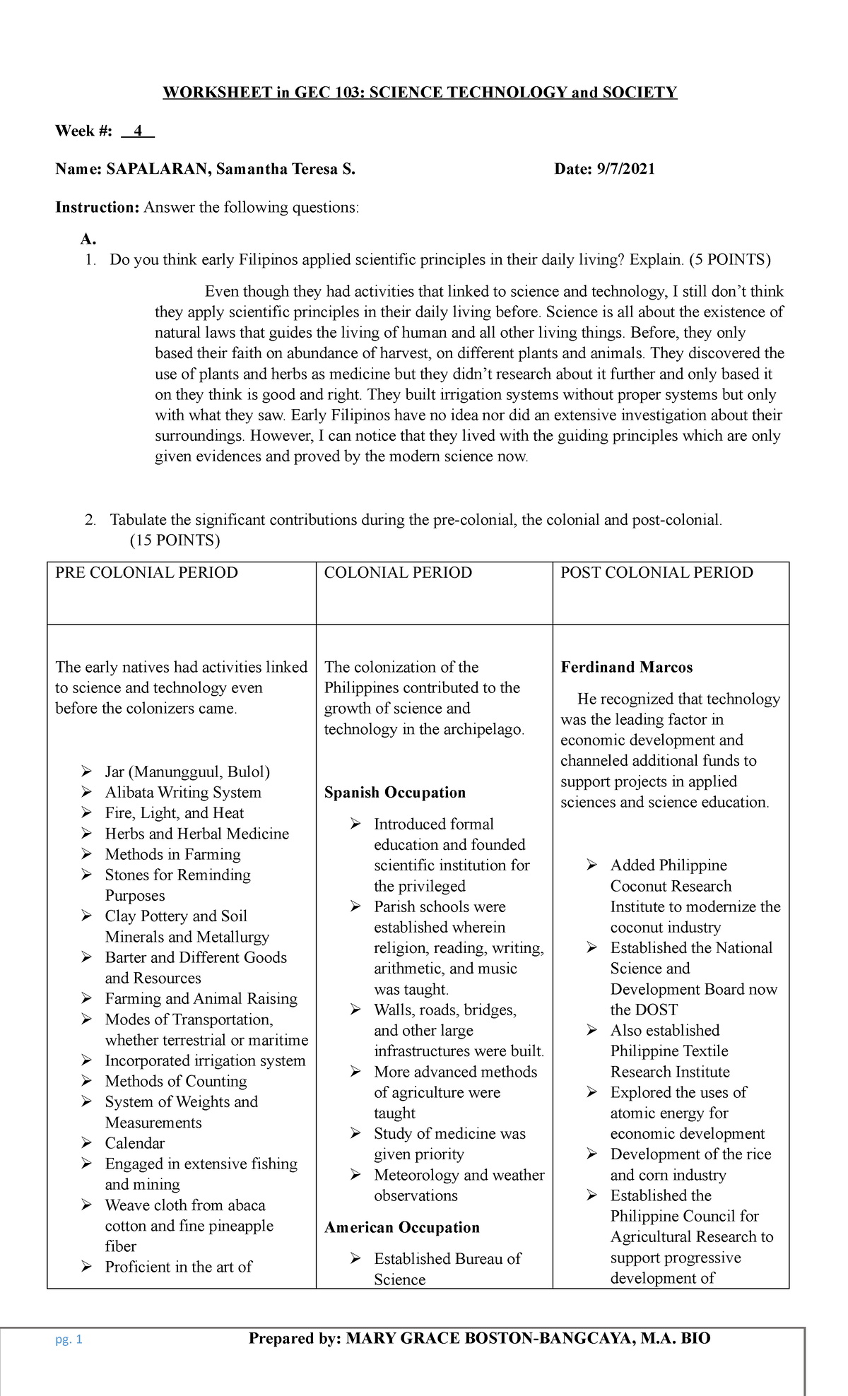 Sapalaran - Week 4 Worksheet in GEC 103 - WORKSHEET in GEC 103: SCIENCE ...