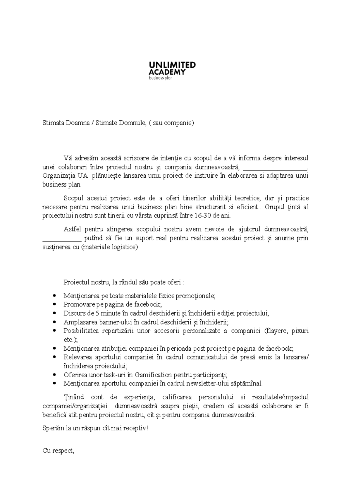 Scrisoare parteneriat - Stimata Doamna / Stimate Domnule, ( sau ...