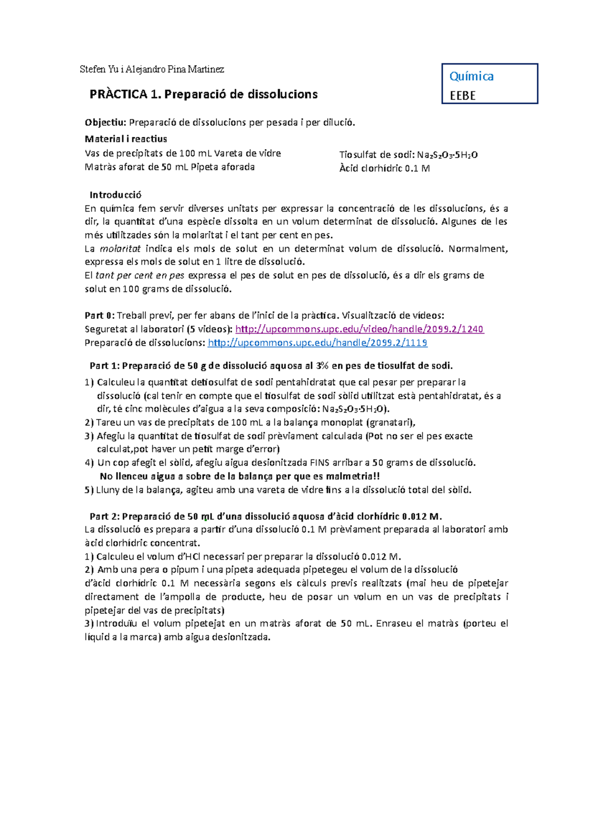 Practica Quimica 1 - wfwef - Stefen Yu i Alejandro Pina Martinez ...