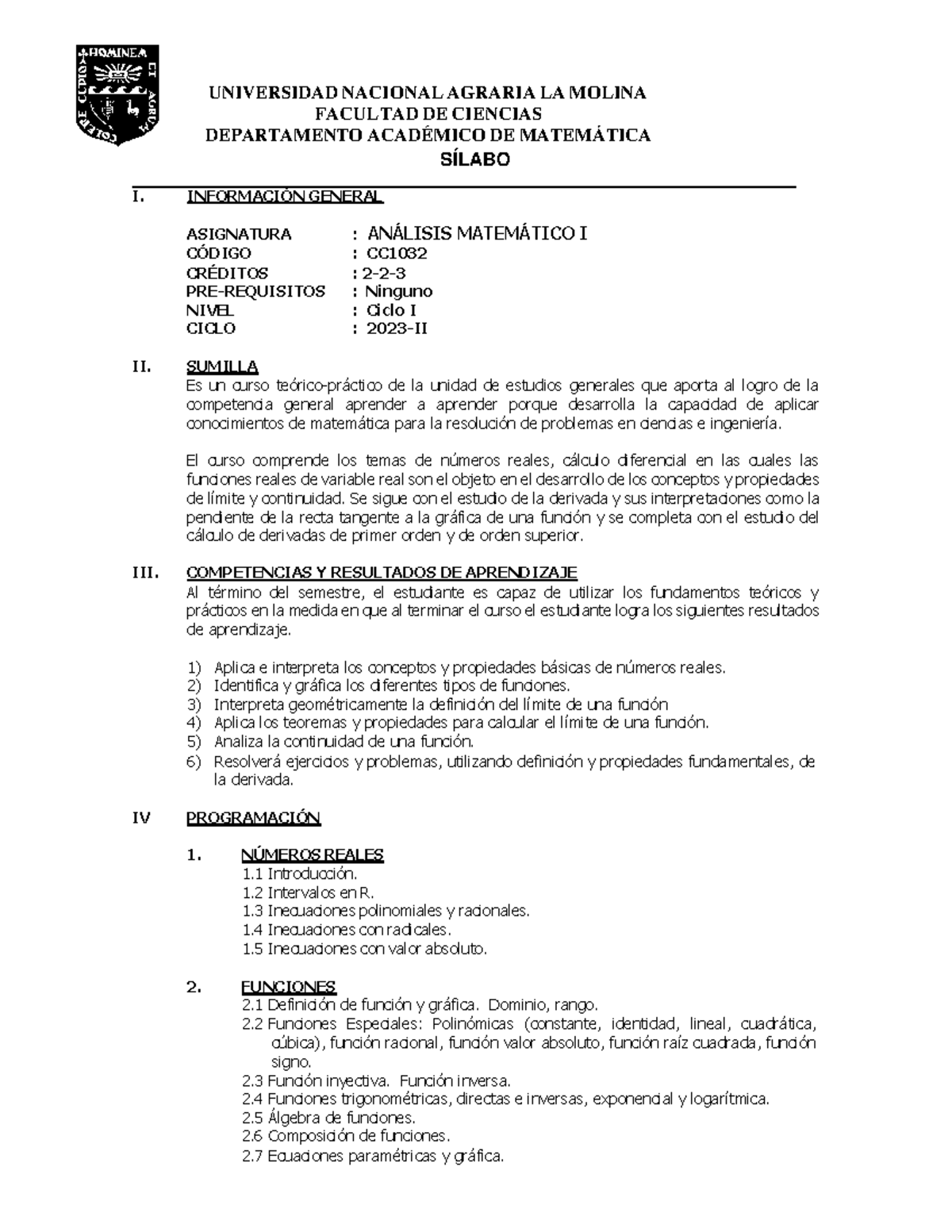 Silabo AM 1 2023 -II - Jfkfkf - SÍLABO I. INFORMACI”N GENERAL ...