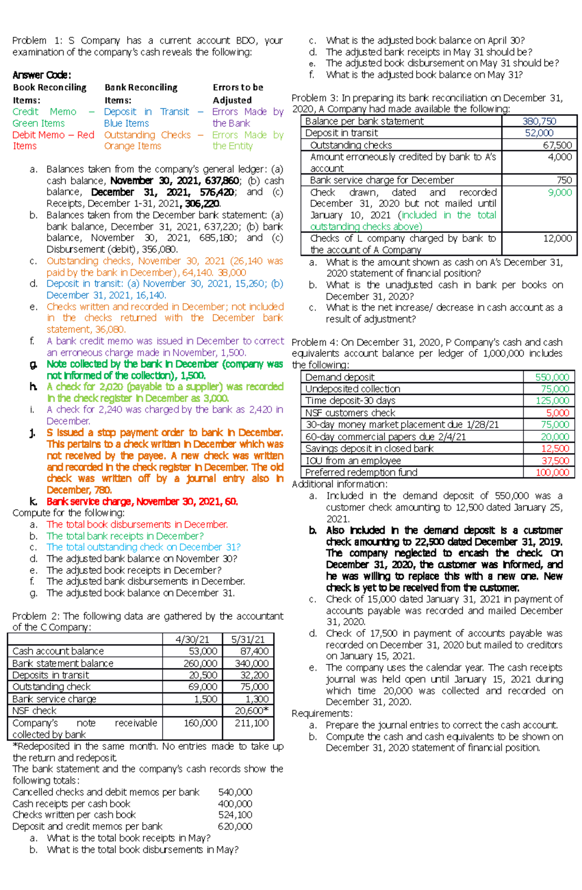 Quiz-3 Proof of Cash - Quiz - Problem 1: S Company has a current ...