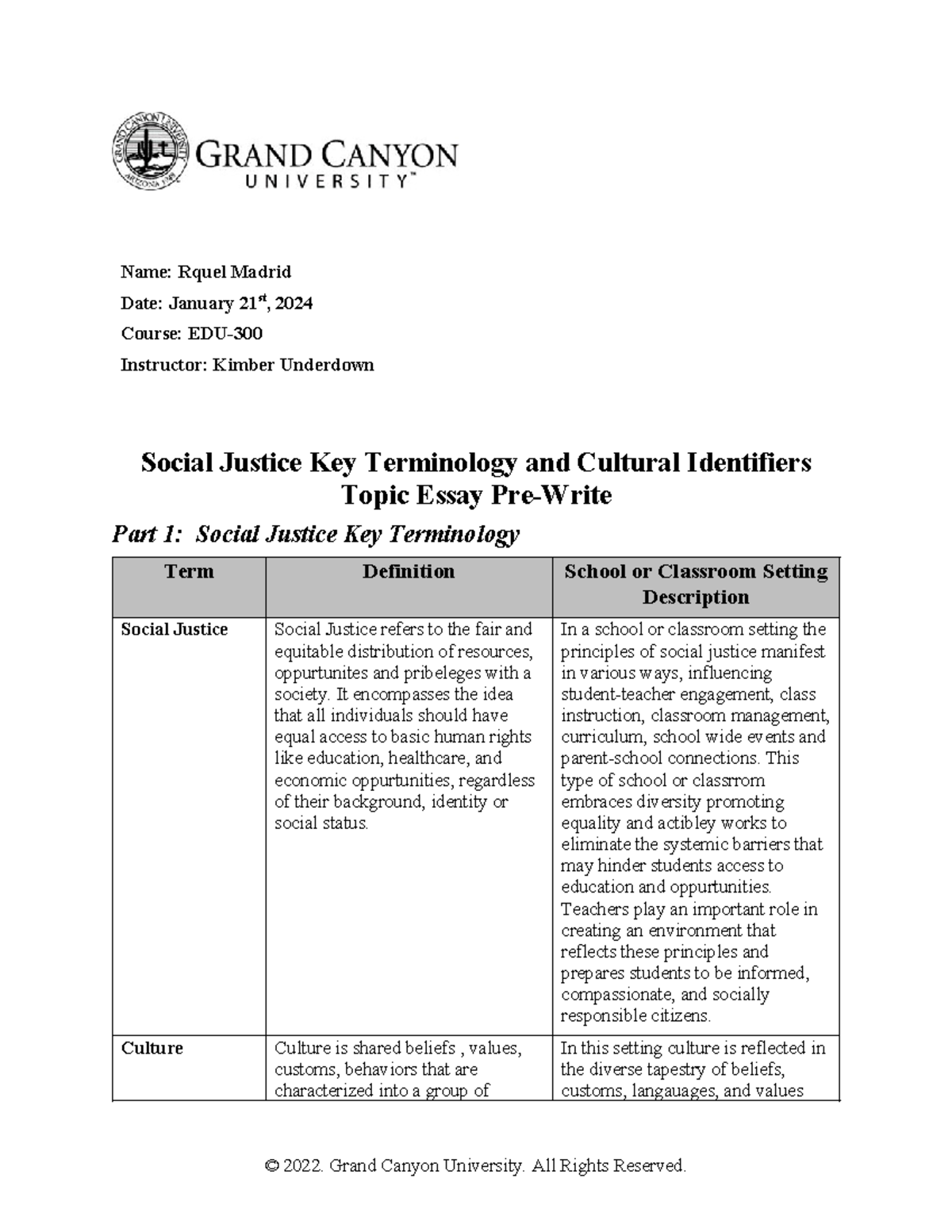 T1-Social Justice Pre Writing - Name: Rquel Madrid Date: January 21st ...