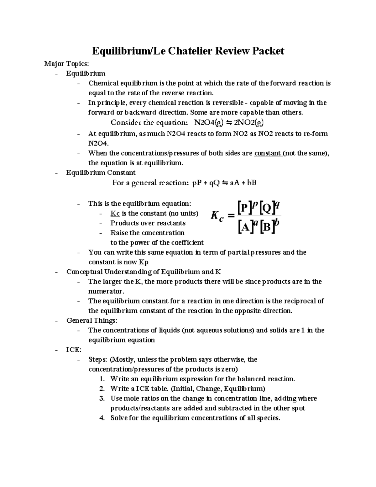 packet for chem - Equilibrium/Le Chatelier Review Packet Major Topics ...