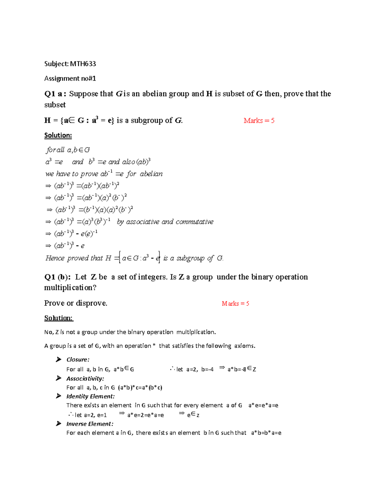 Mth633 assignment 1 - Subject: MTH Assignment no# Q1 a : Suppose that G is an abelian group and ...