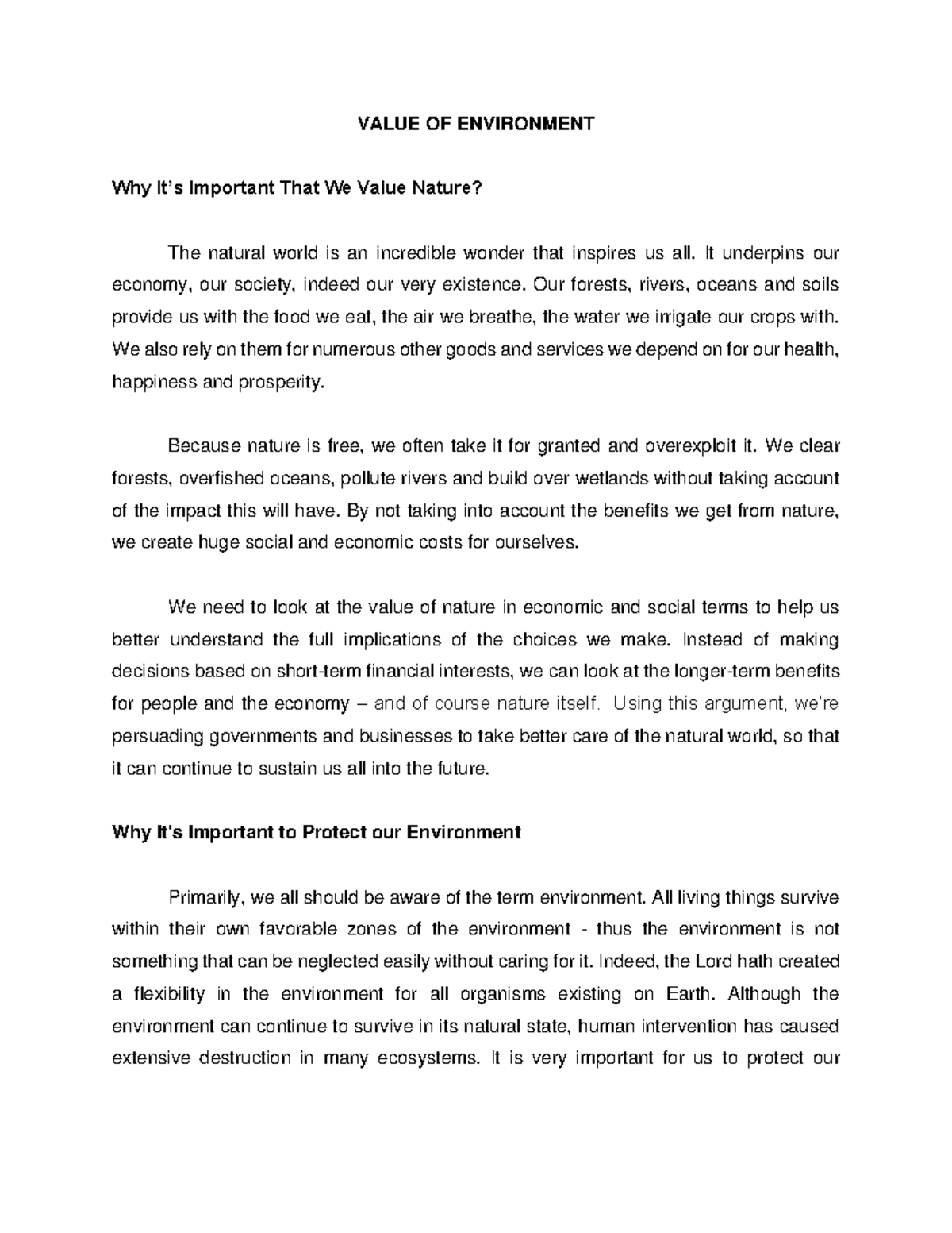 Value OF Environment - Module - ES 223 - VALUE OF ENVIRONMENT Why It’s ...