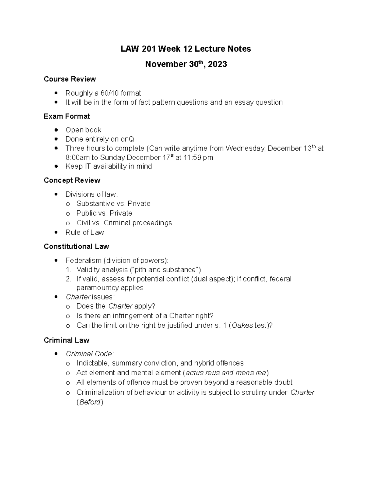LAW 201 Week 12 Lecture Notes - LAW 201 Week 12 Lecture Notes November ...