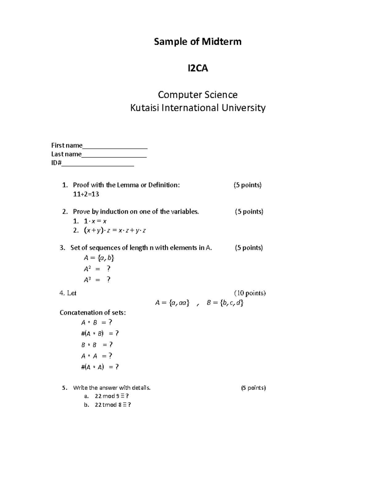 Sample Of Midterm Midterm Exam Sample Of Midterm I2ca Computer Science Kutaisi International