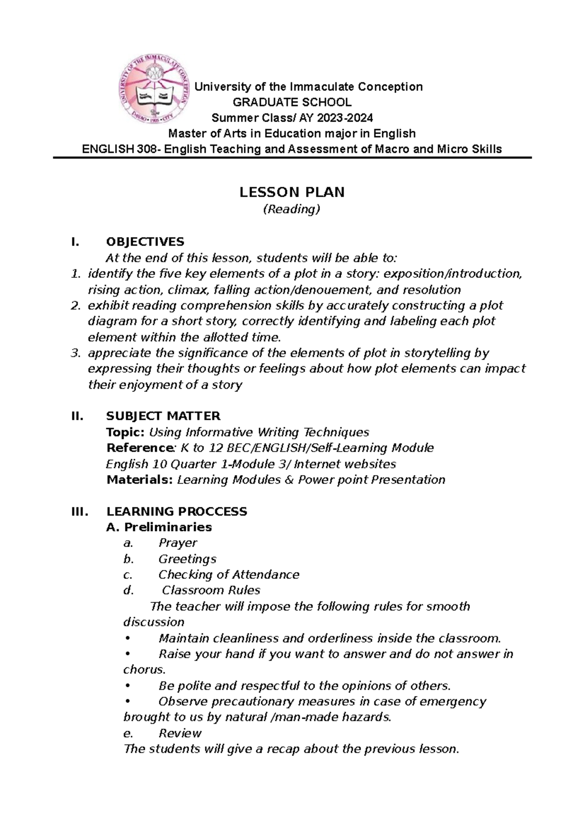 Lesson PLAN ( Reading) - University of the Immaculate Conception ...