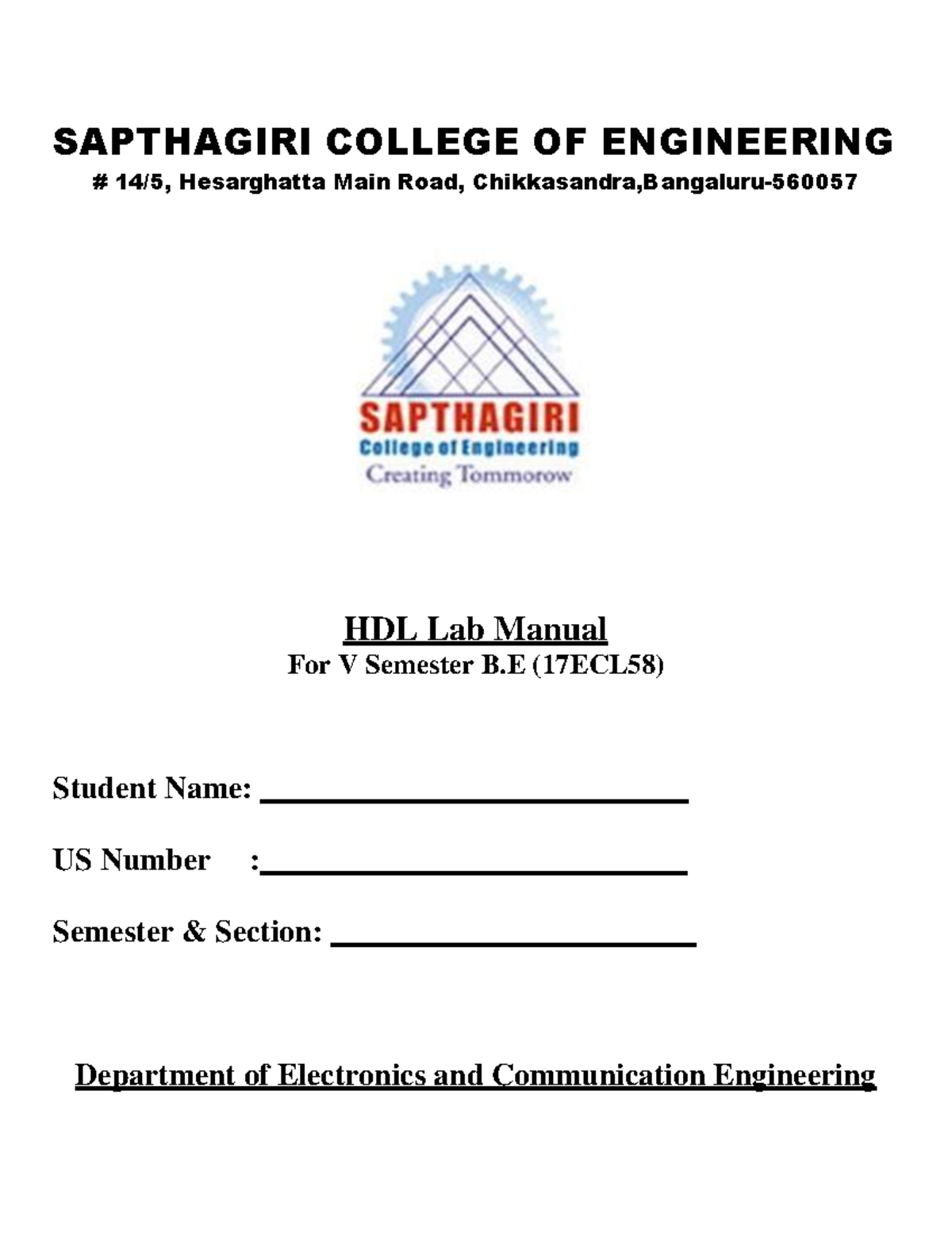 HDL LAB Manual Part A - SAPTHAGIRI COLLEGE OF ENGINEERING # 14/5 ...