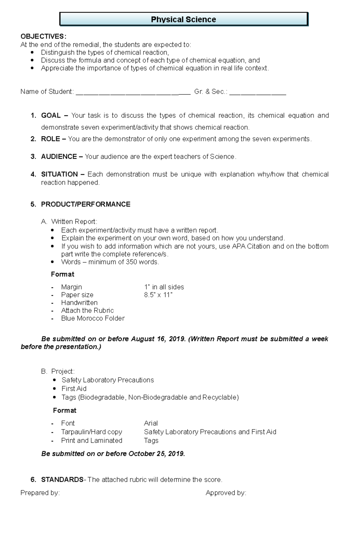 Physical Science Remedial - Physical Science OBJECTIVES: At the end of ...