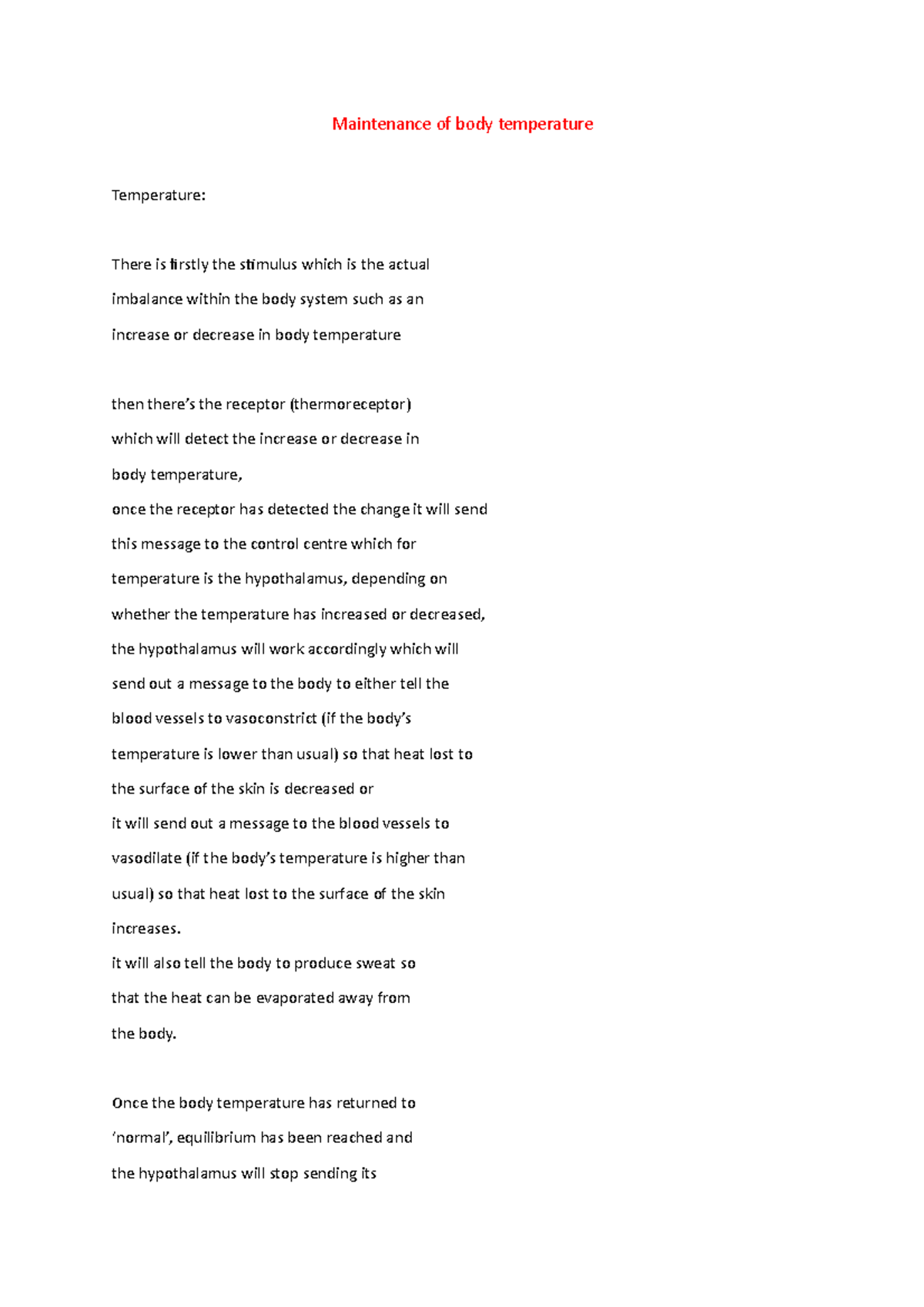 Maintenance of body temperature - Maintenance of body temperature ...