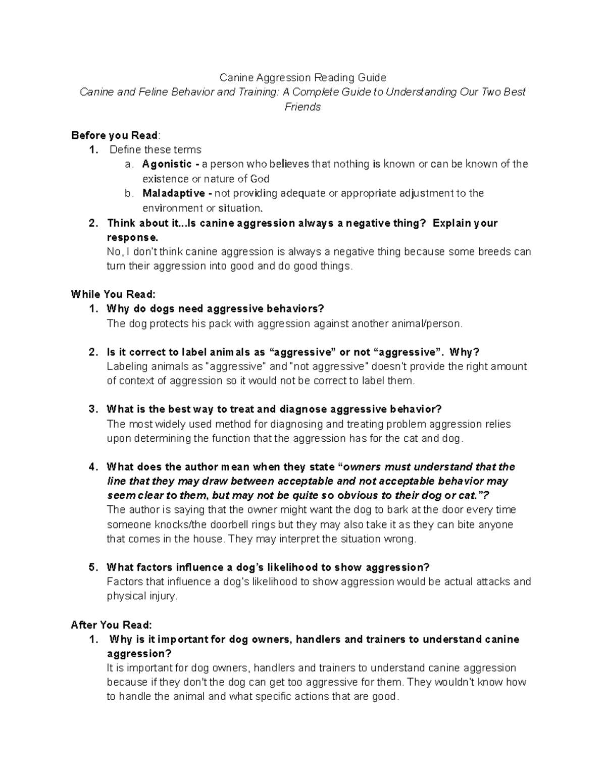 Canine Aggression Reading Assignment - Canine Aggression Reading Guide ...
