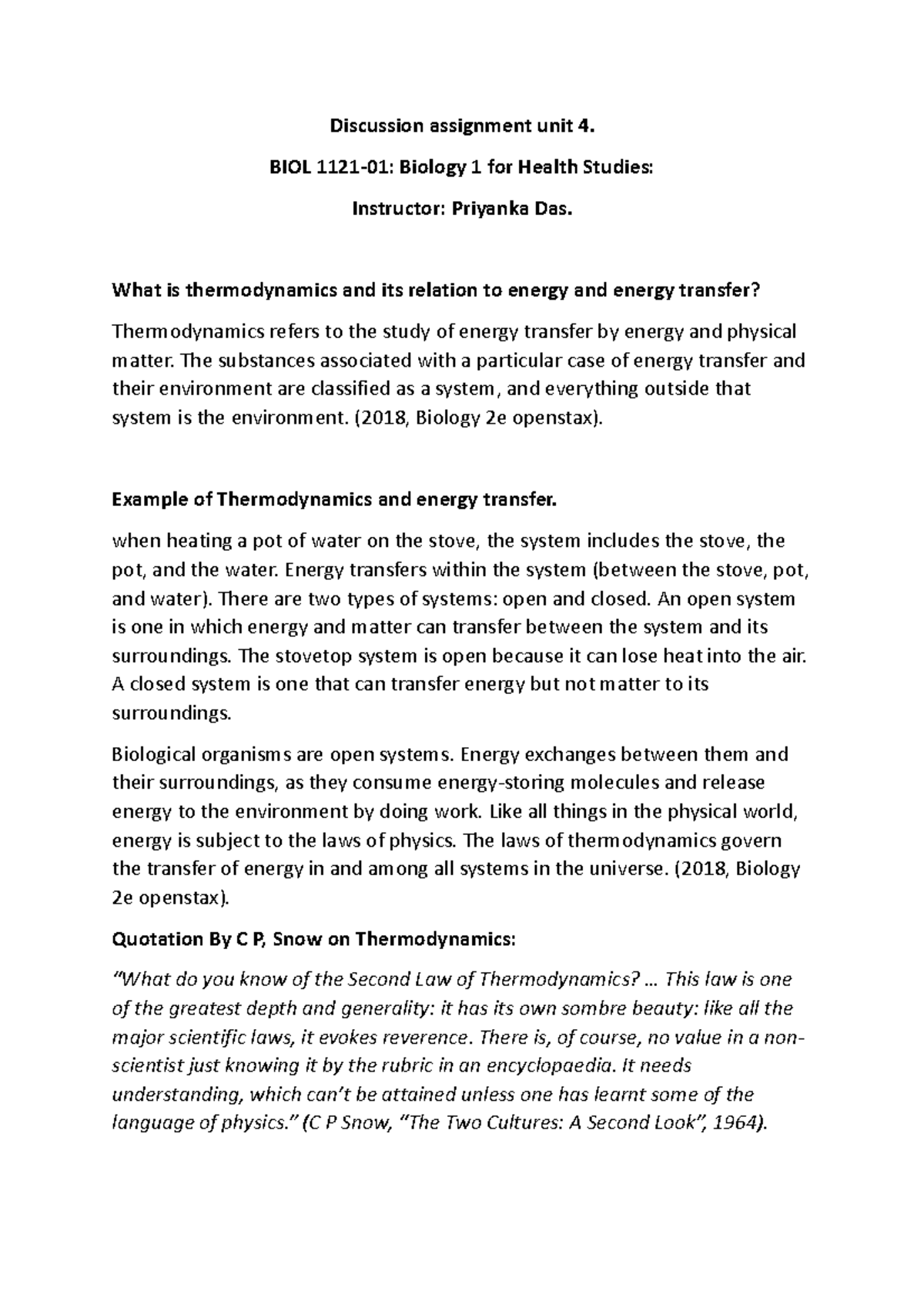 Discussion assignment unit 4 - BIOL 1121-01: Biology 1 for Health ...