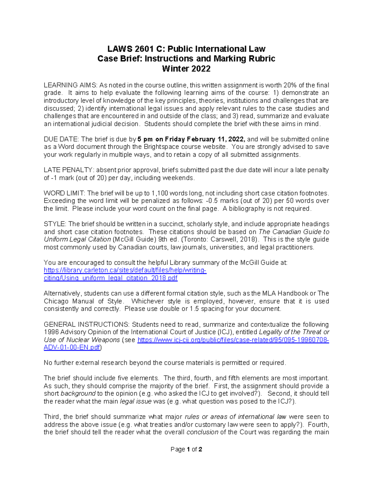 LAWS 2601C - Case Brief Instructions and Marking Rubric - Page 1 of 2 ...