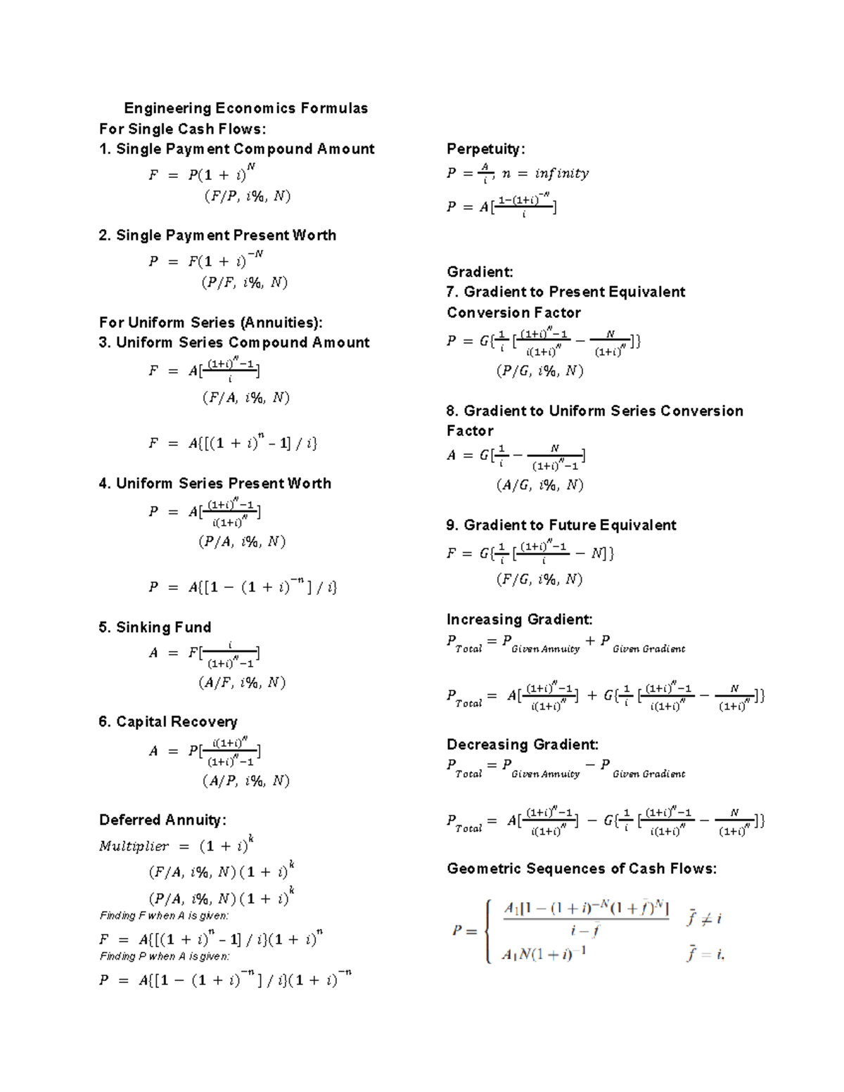 2BSIE-B COE109 Formula Sheet - Engineering Economics Formulas For ...