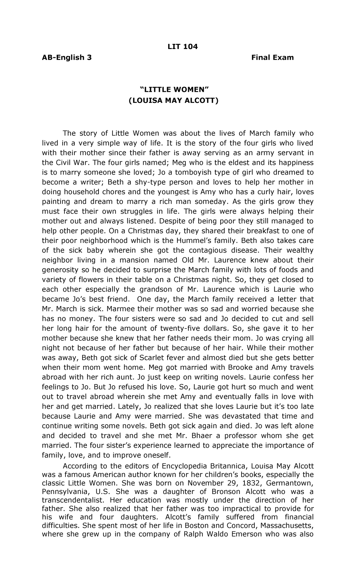 LIT104 Finals - Grade: 97 - LIT 104 AB-English 3 Final Exam “LITTLE ...