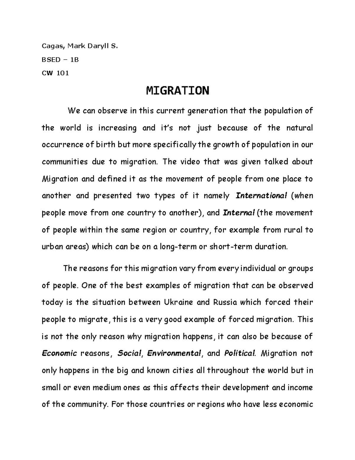 Migration Essay, Contemporary World - Cagas, Mark Daryll S. BSED – 1B ...