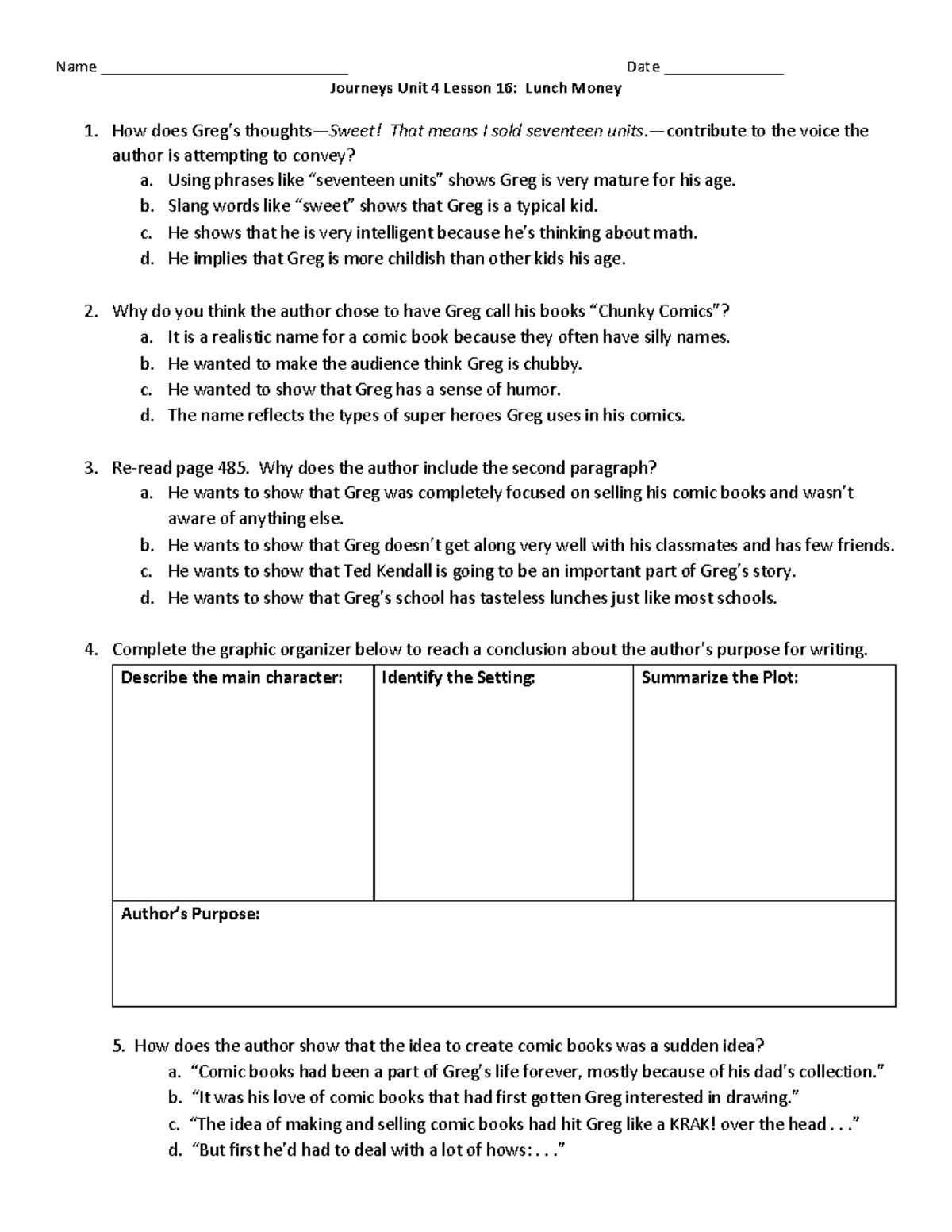 Lunch Money - practice reading comprehension - Journeys Unit 4 Lesson ...