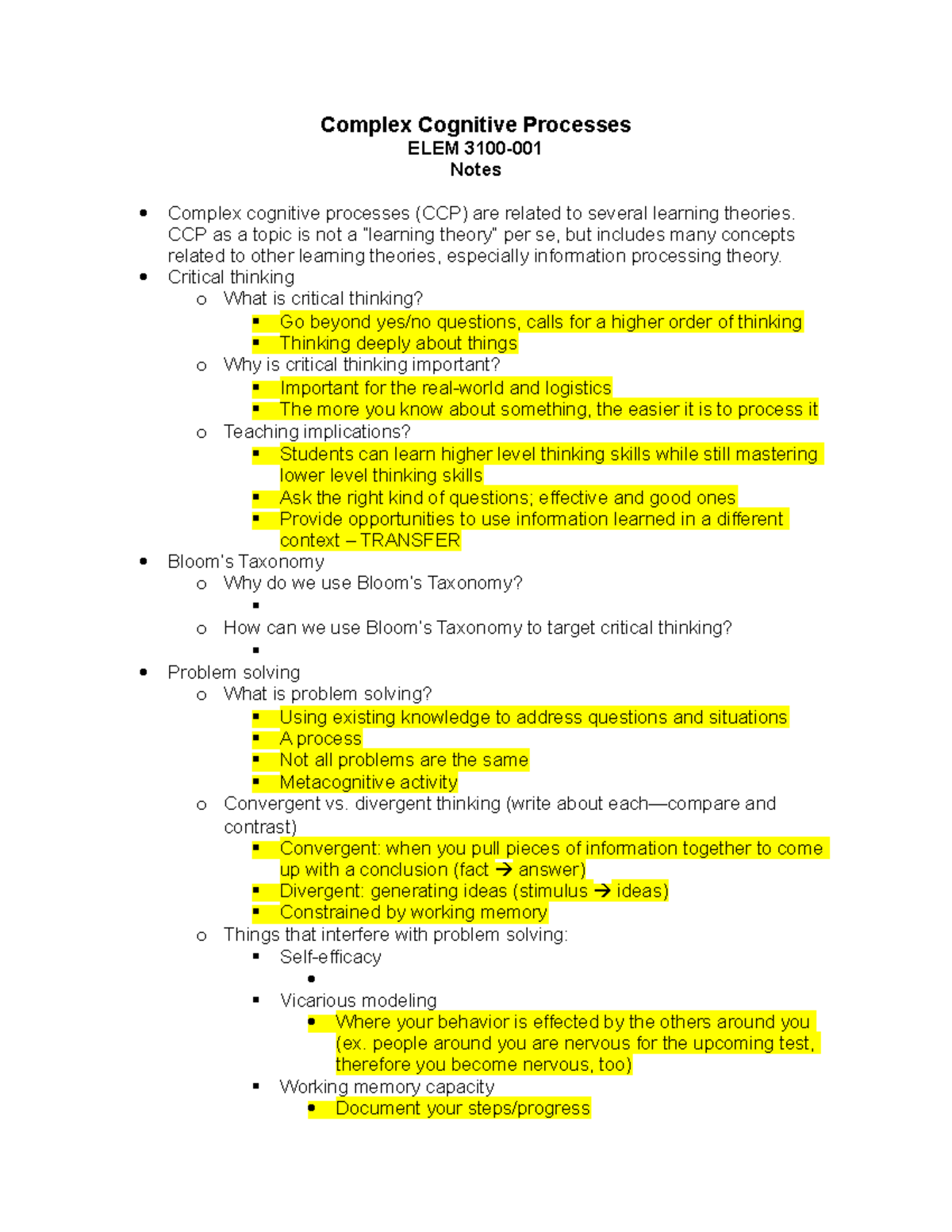 Complex Cognitive Processes Notes - Complex Cognitive Processes ELEM ...