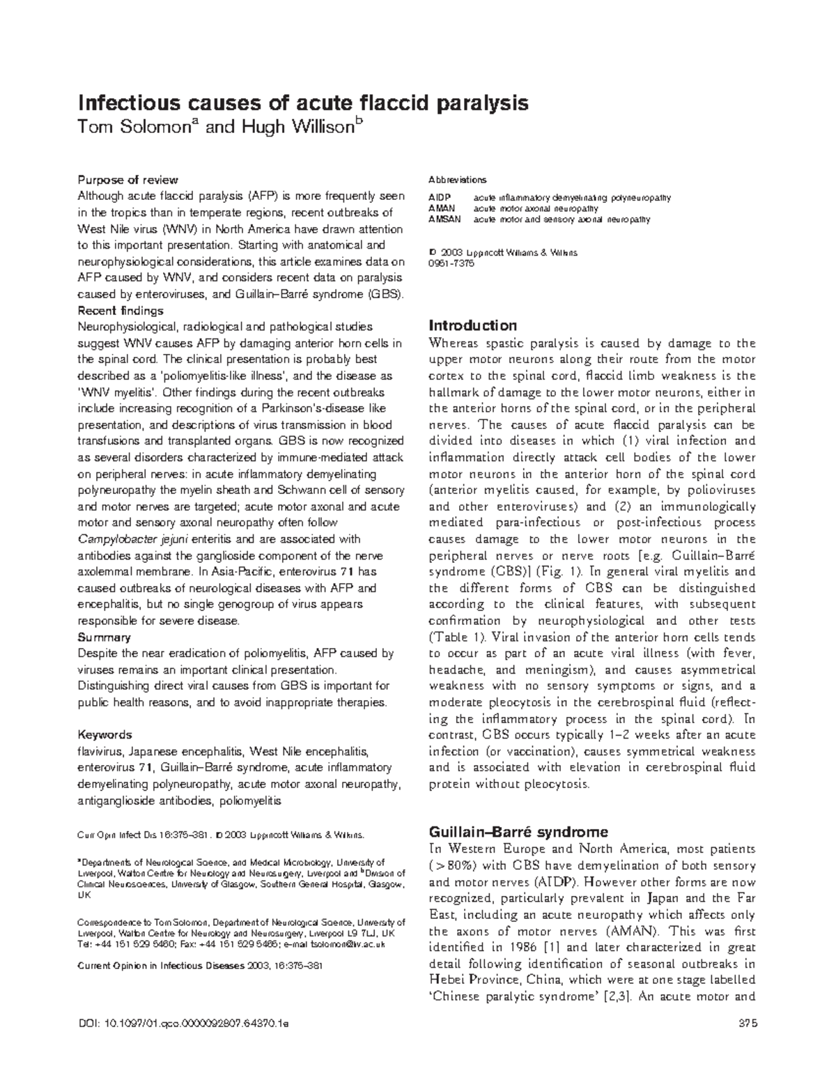 Solomon 2003 Infectious causes of acute flaccid paralysis - Infectious ...