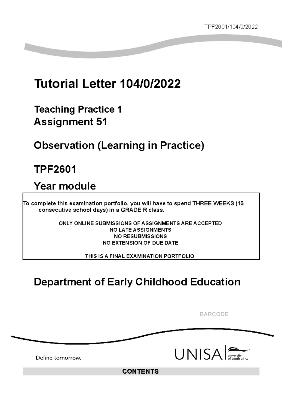 Assignment 51 - Portfolio - Tutorial Letter 104/0/ Teaching Practice 1 ...