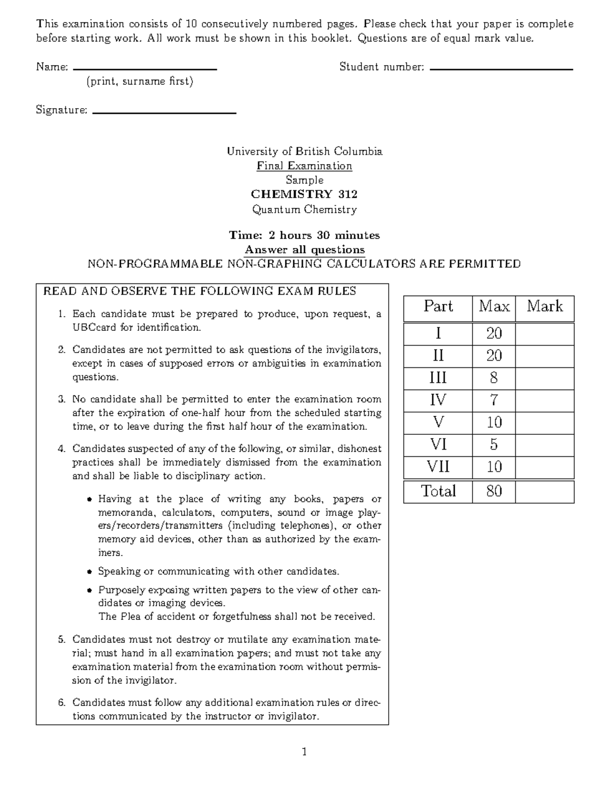 Sample final exam answers - This examination consists of 10 ...