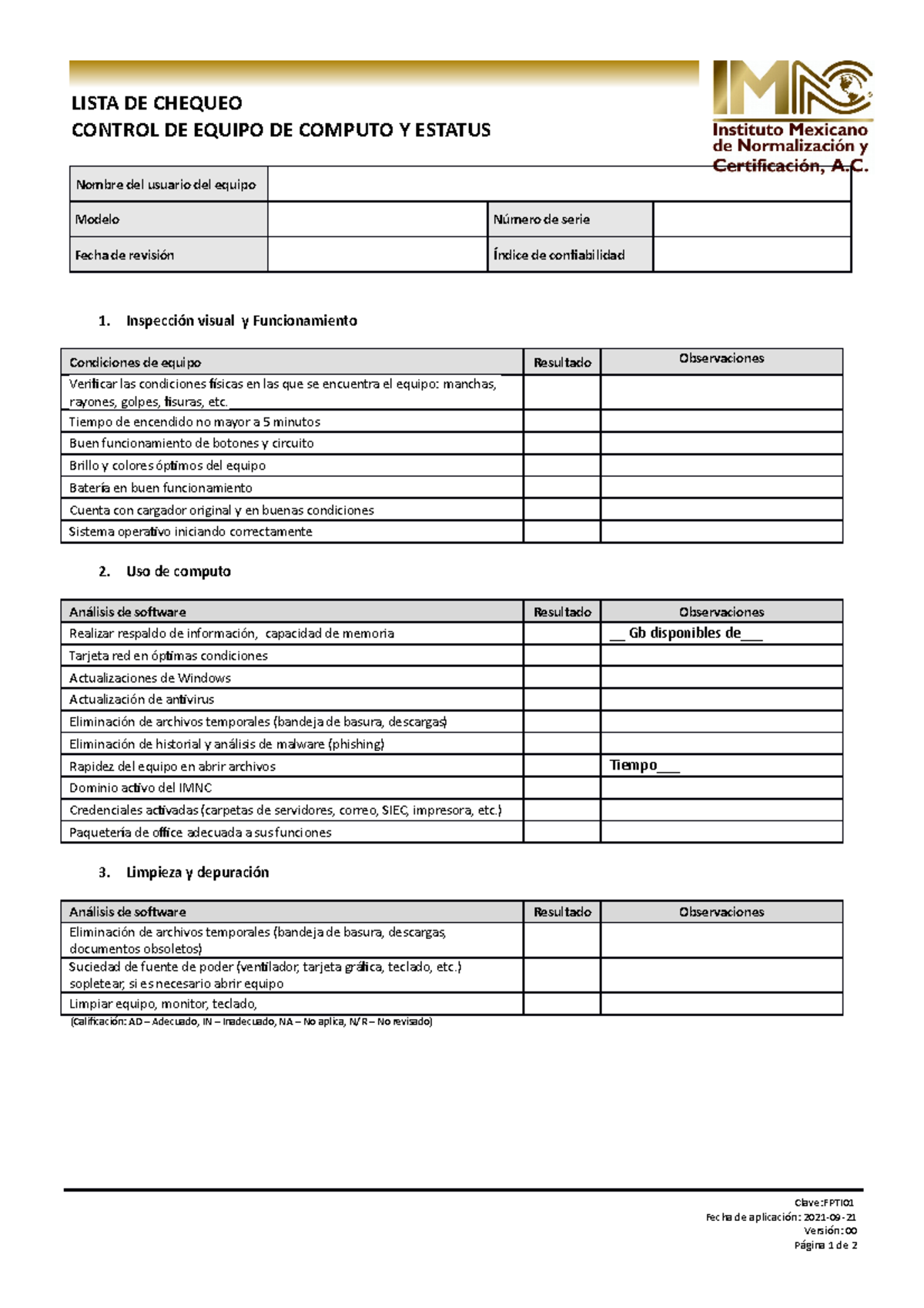 FPTI01 chek list control de equipo de computo y estatus - LISTA DE ...
