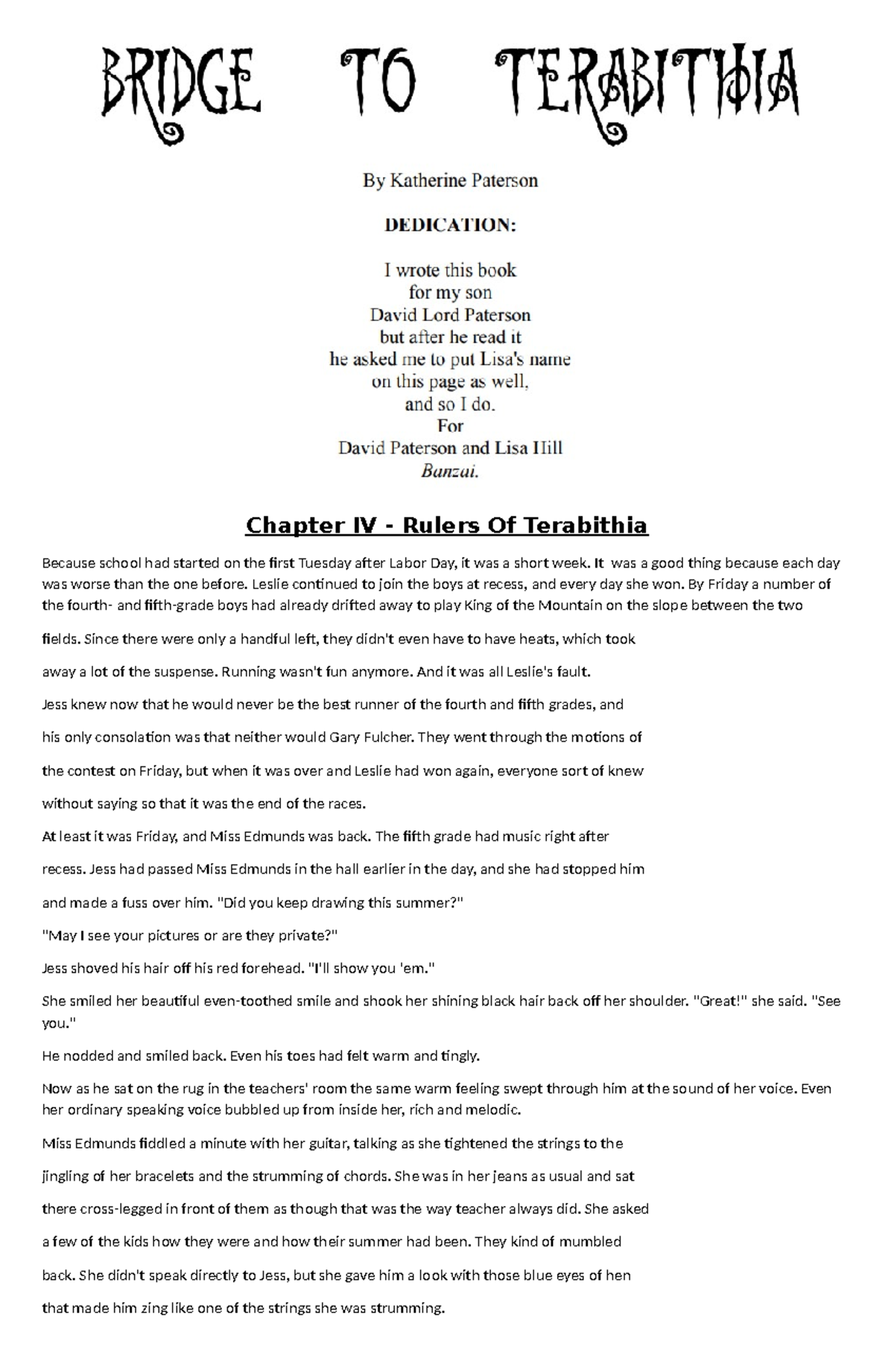 Chapter-4-Bridge-to-Terabithia - Chapter IV - Rulers Of Terabithia ...