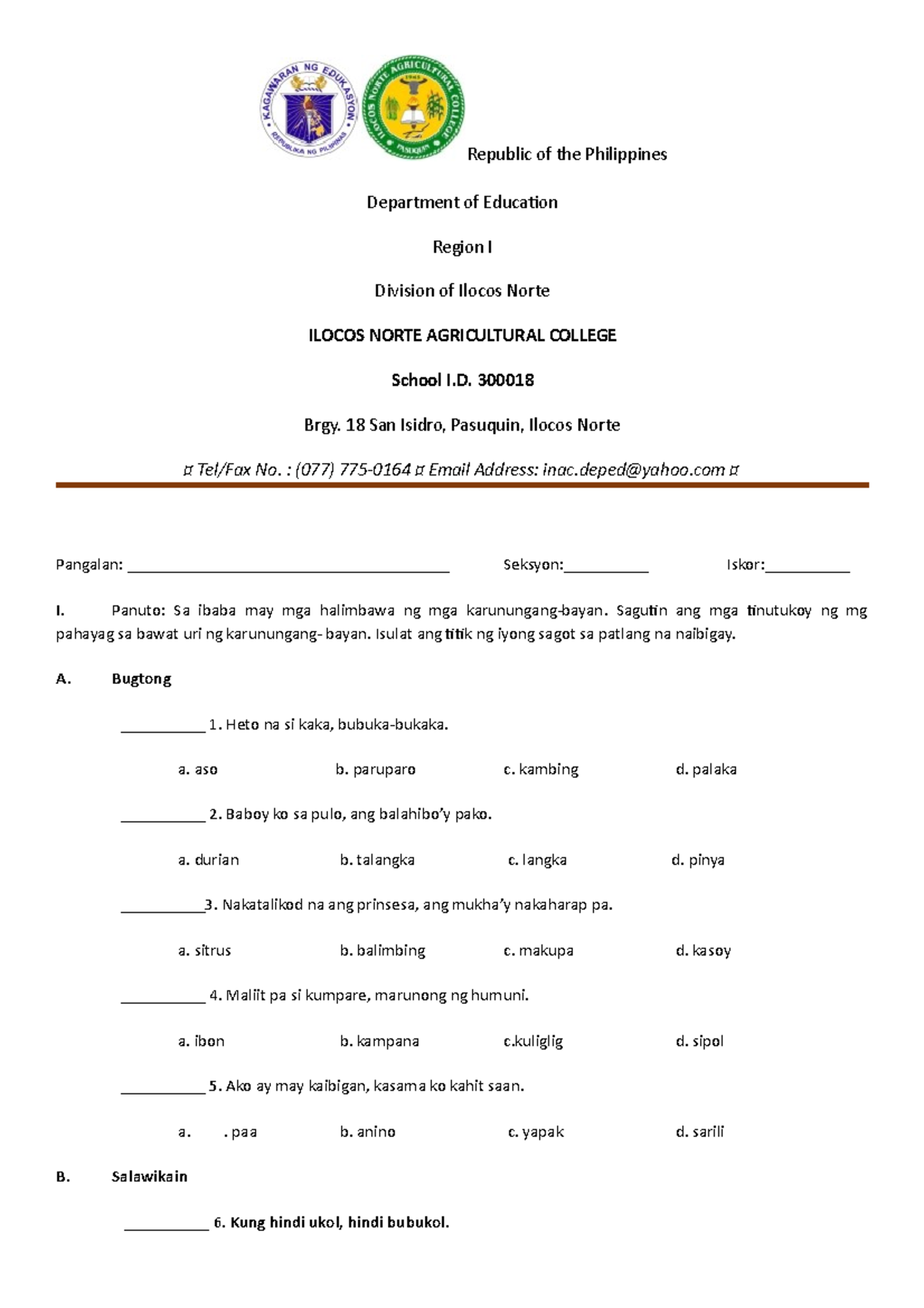 Q1-LP - quiz in Filipino - Republic of the Philippines Department of ...