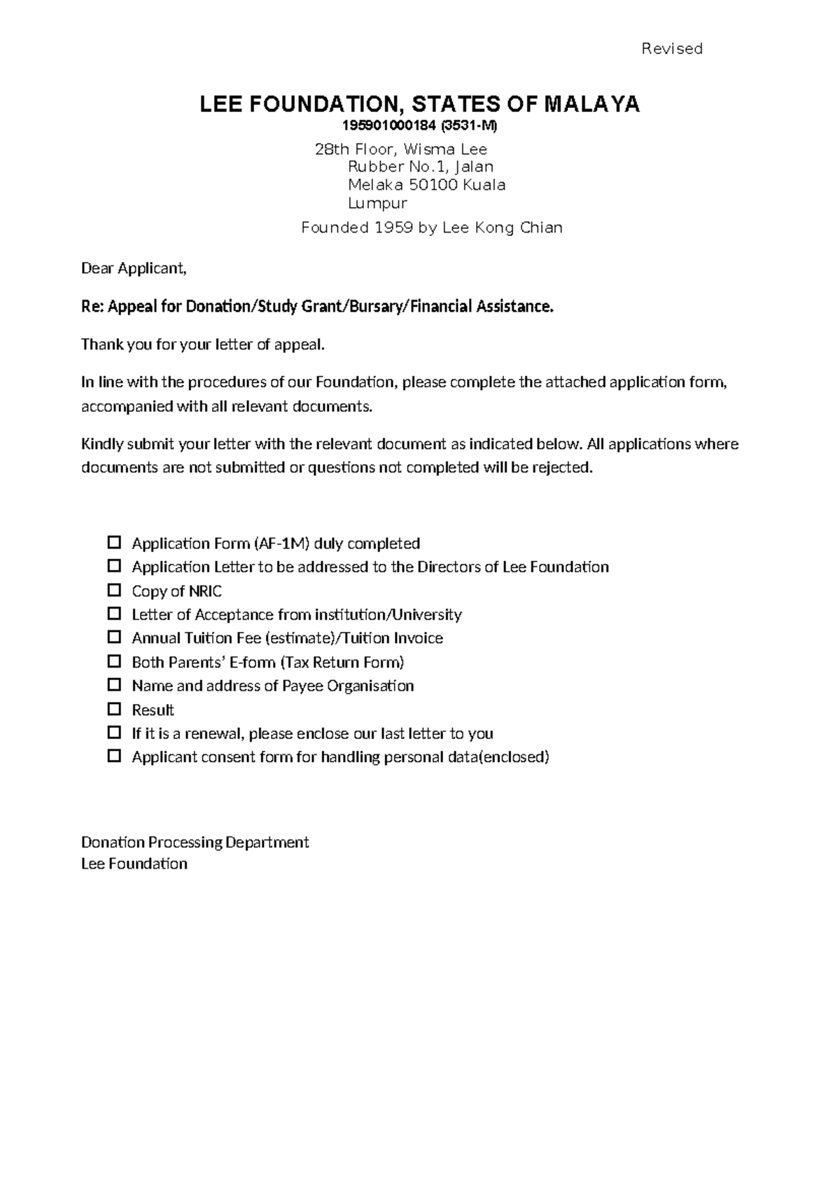 Form - Empty - KKK - 12/ LEE FOUNDATION, STATES OF MALAYA ...