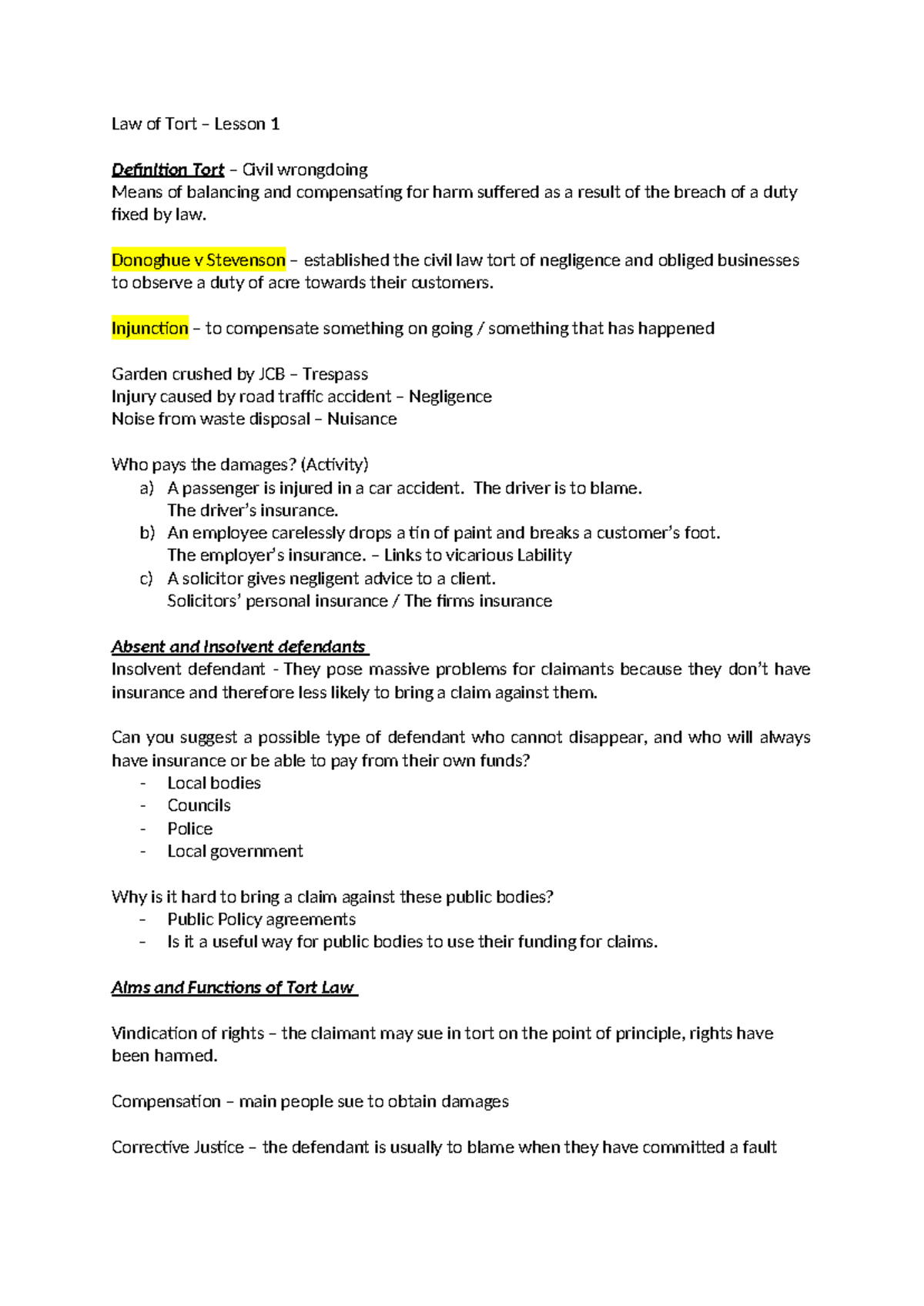 Law of Tort Lesson 1 - notes - Law of Tort – Lesson 1 Definition Tort ...